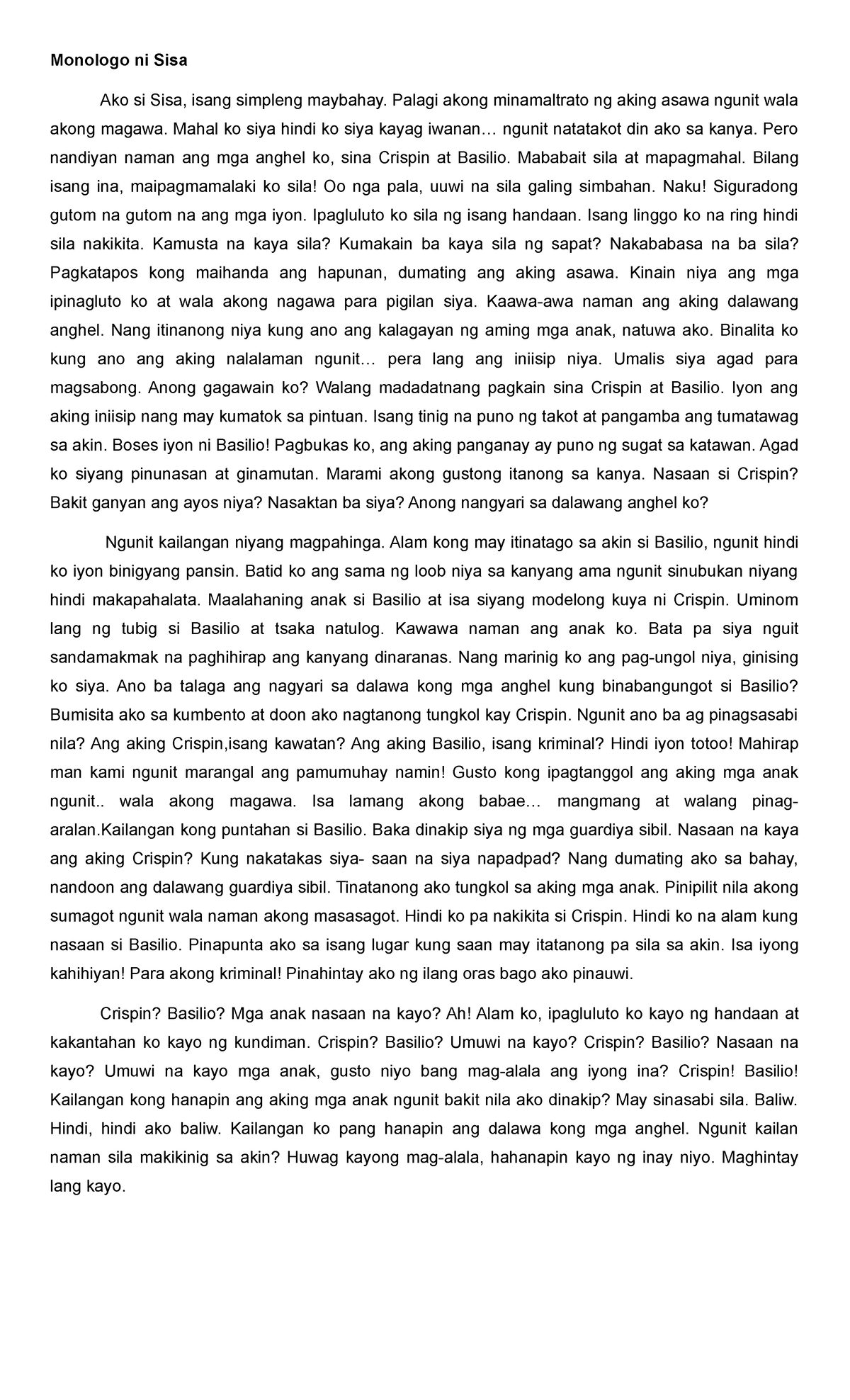 Monologo ni Sisa - Isang Dramatikong Pagsasalaysay ng Paghihirap - Studocu