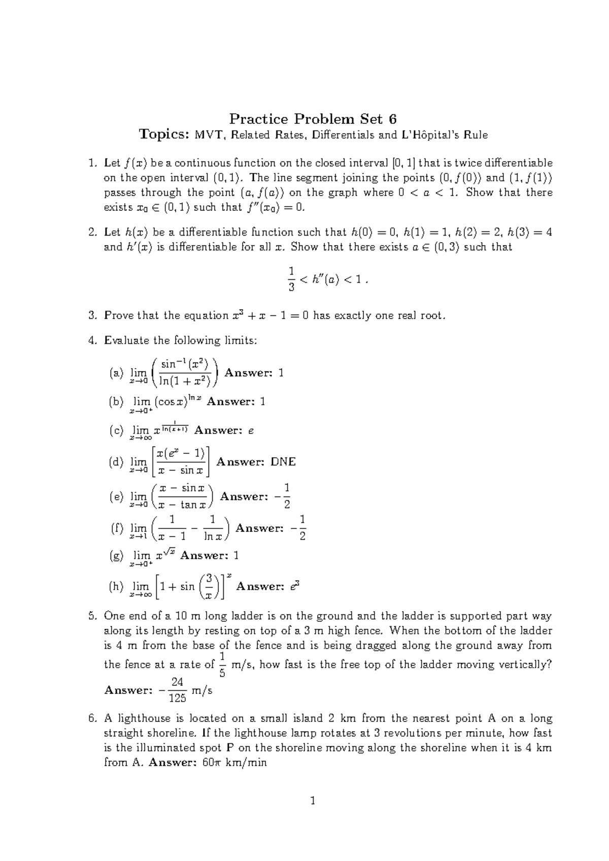 Problem Set 6: MVT, Related Rates, Differentials & Limits - Studocu