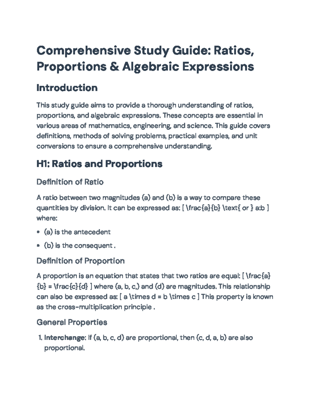 Comprehensive Study Guide for Ratios, Proportions & Algebra (MATH101 ...