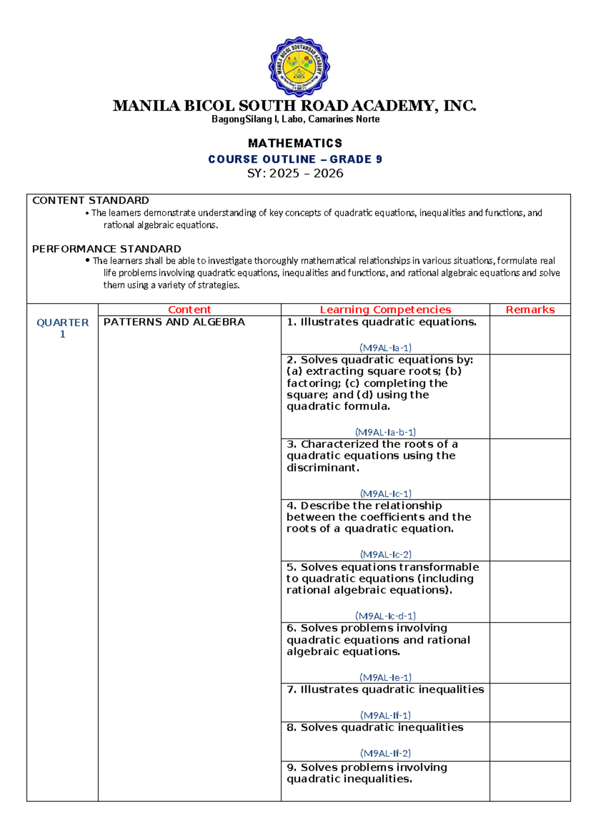 Course Outline for Mathematics 9 (SY 2025-2026) - Key Concepts ...