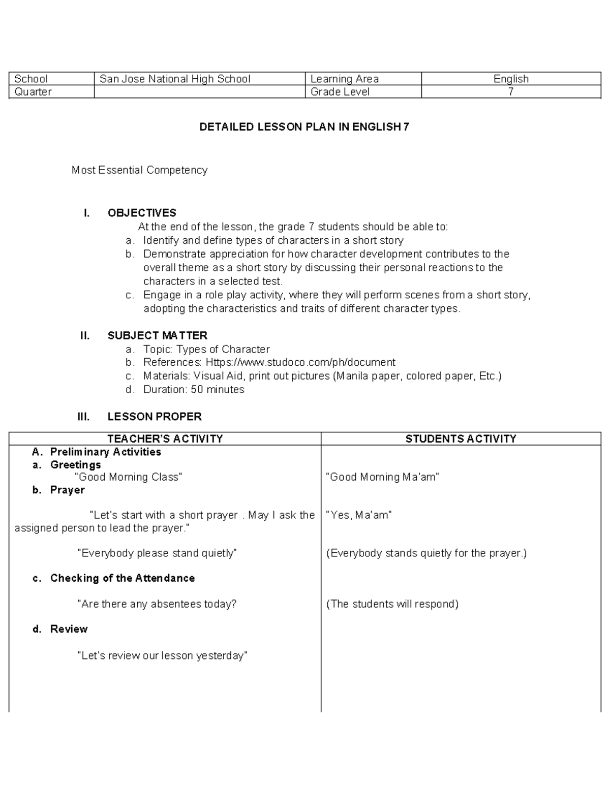 Detailed Lesson Plan: Types of Characters in Short Stories - English 7 ...