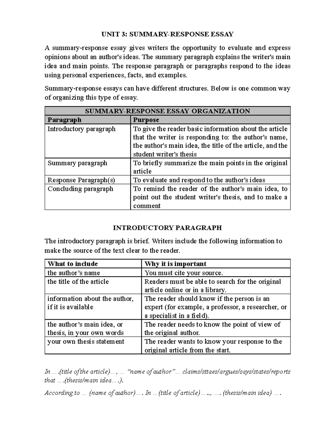 ENG 101: Summary-Response Essay Guide and Organization - Studocu