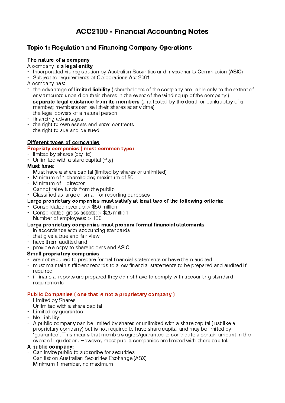 Financial Accounting notes - ACC2100 - Financial Accounting Notes Topic ...