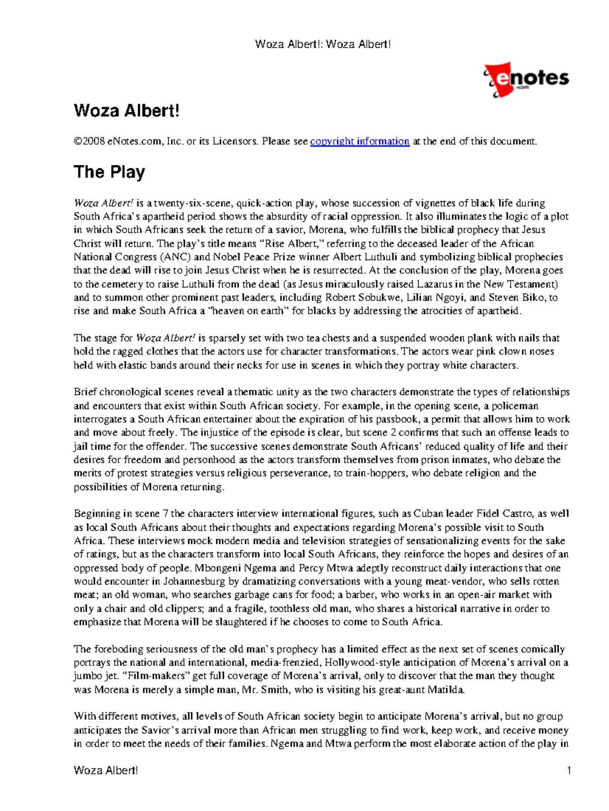 154162445 Woza Albert notes - Woza Albert! ©2008 eNotes, Inc. or its ...