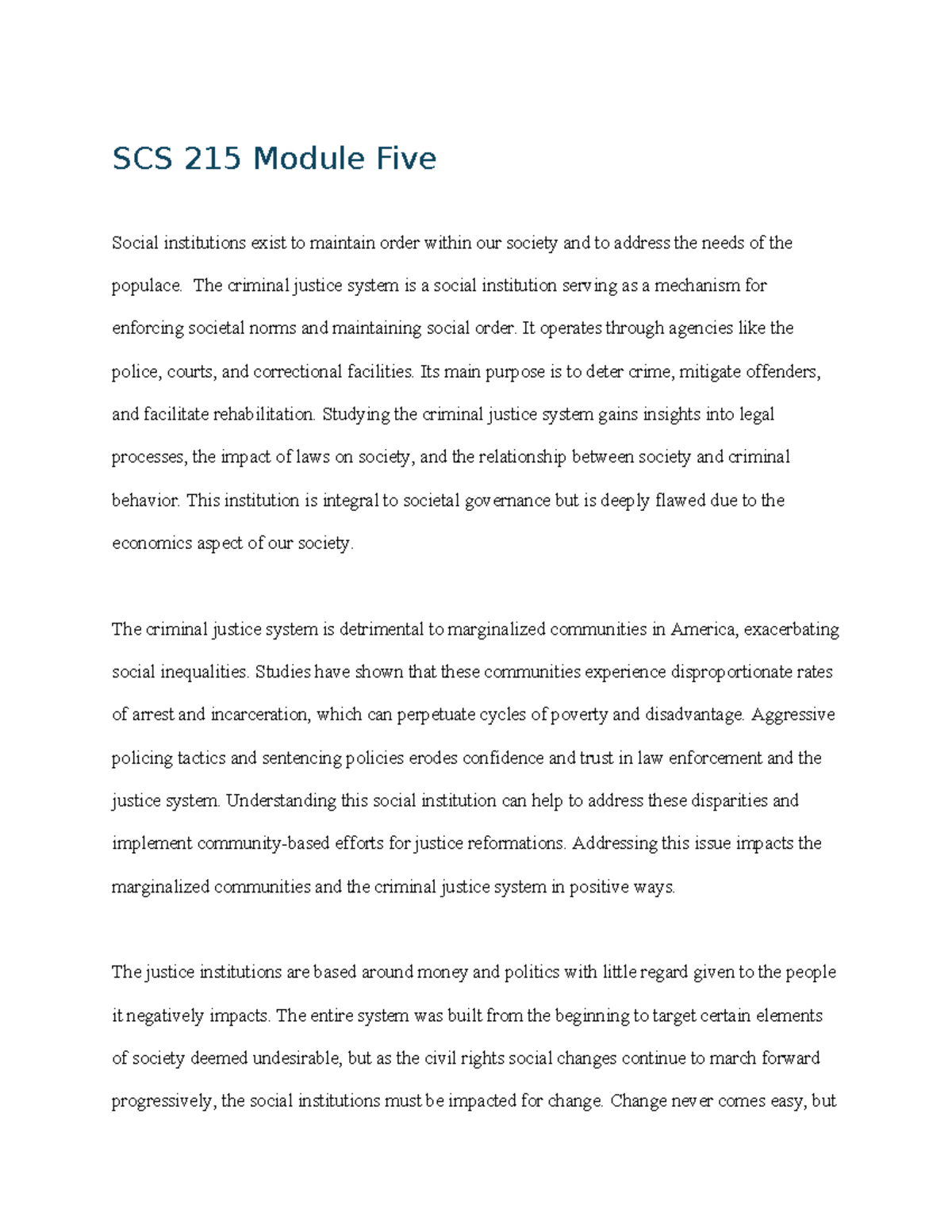 SCS 215 Module 5 Project Draft: Justice System & Social Inequality ...