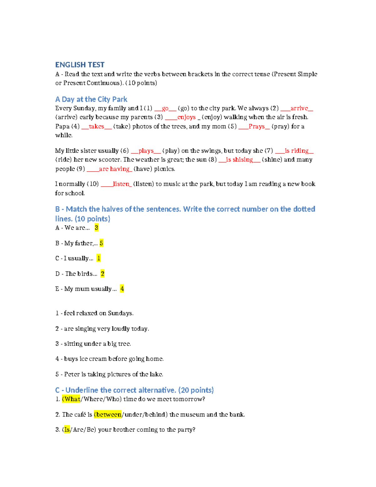 ENGLISH TEST A: Present Simple vs. Present Continuous Practice - Studocu