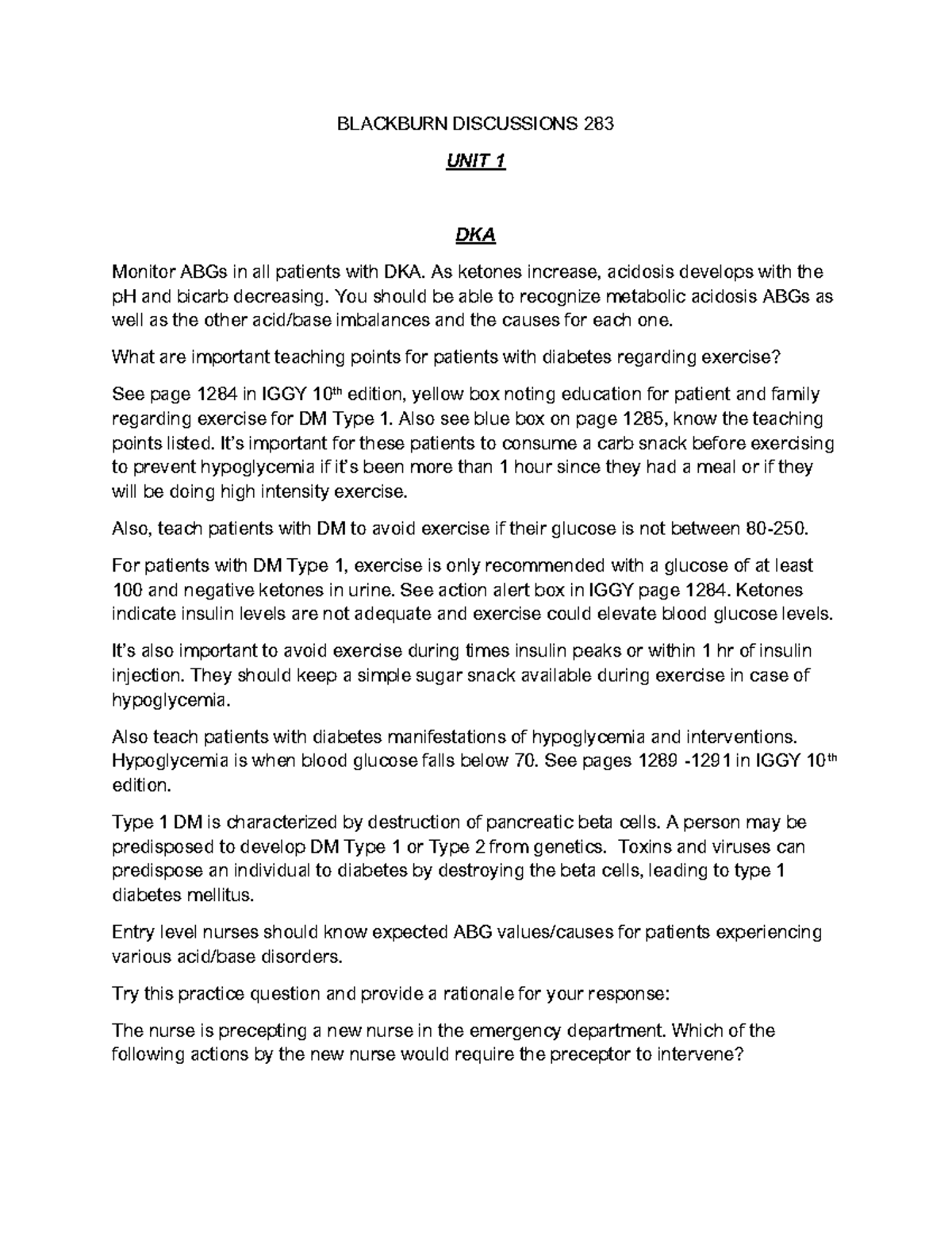 Blackburn Discussions 1-10 - BLACKBURN DISCUSSIONS 283 UNIT 1 DKA ...