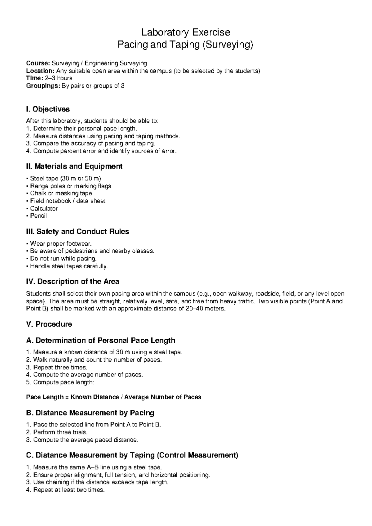 Surveying Lab Exercise: Pacing vs. Taping (ENGR 101) - Studocu