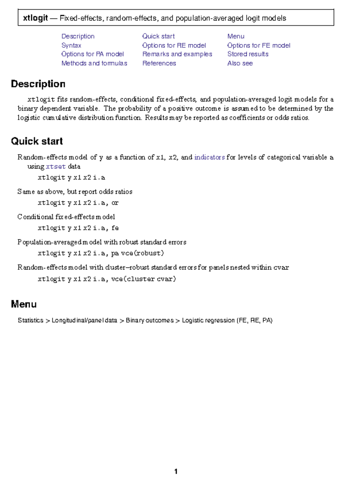 Xtxtlogit: Conditional and Logit Models Overview for PA - Studocu