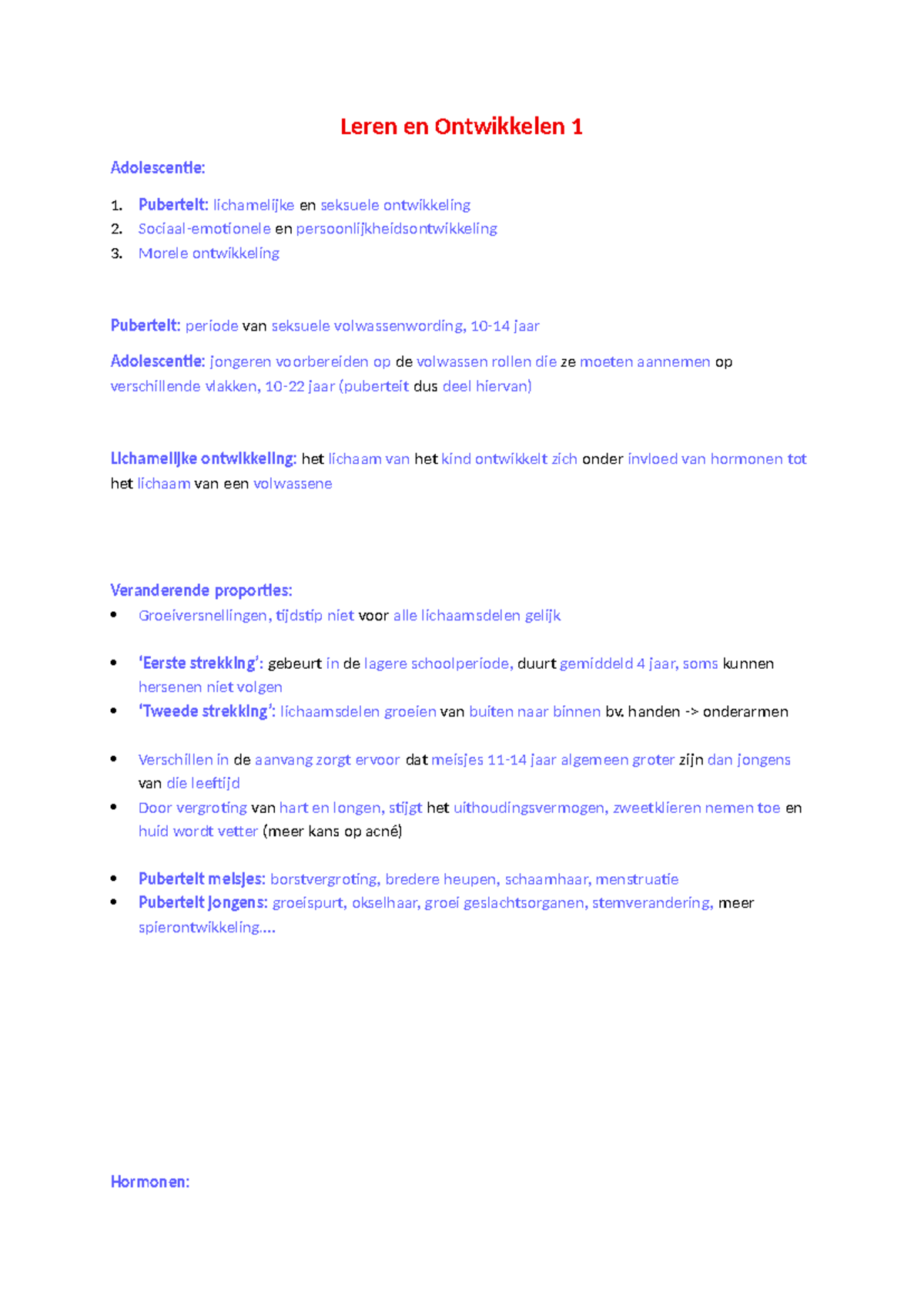 Leren en Ontwikkelen 1: Adolescentie en Puberteit - Kerstdeel - Studocu