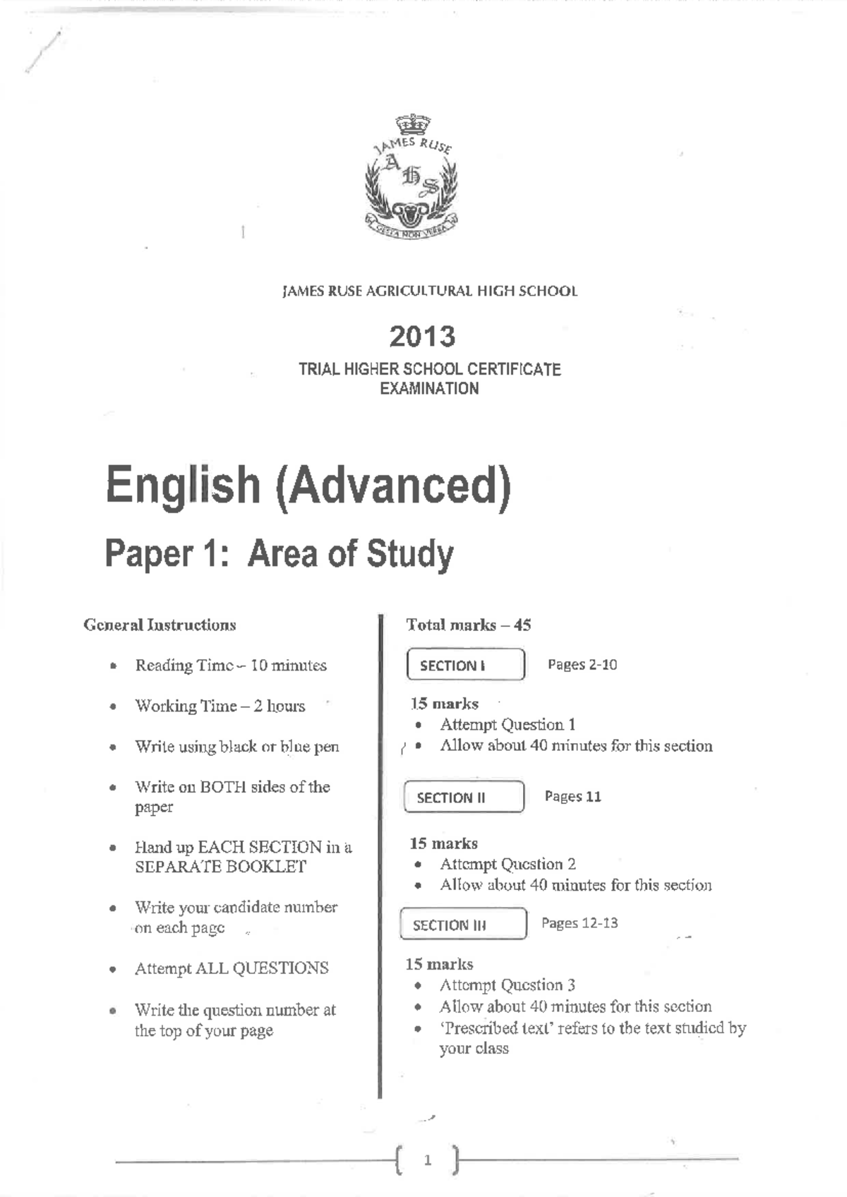 James Ruse Agricultural High School 2013 English (Adv) Trial Exam Paper ...