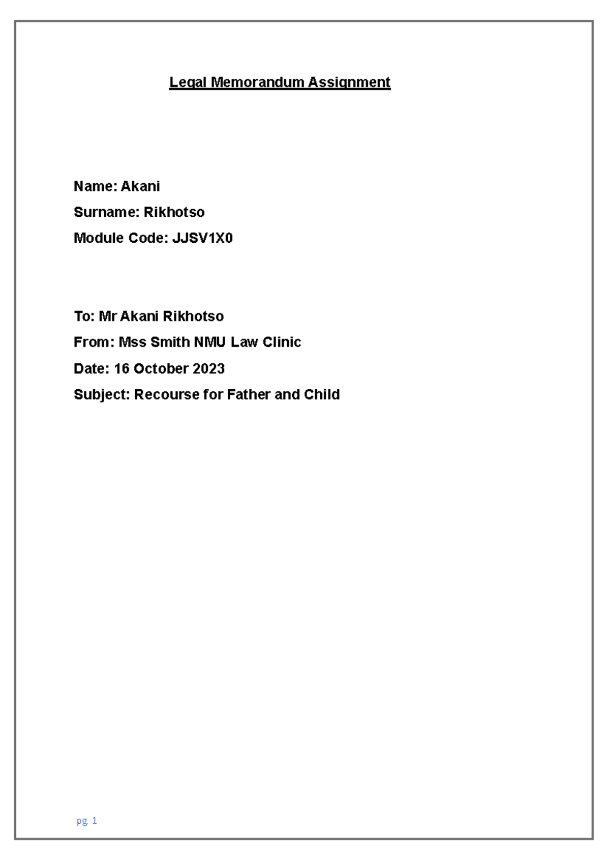 Legal Memo: Recourse for Father and Child - JJSV1X - Studocu