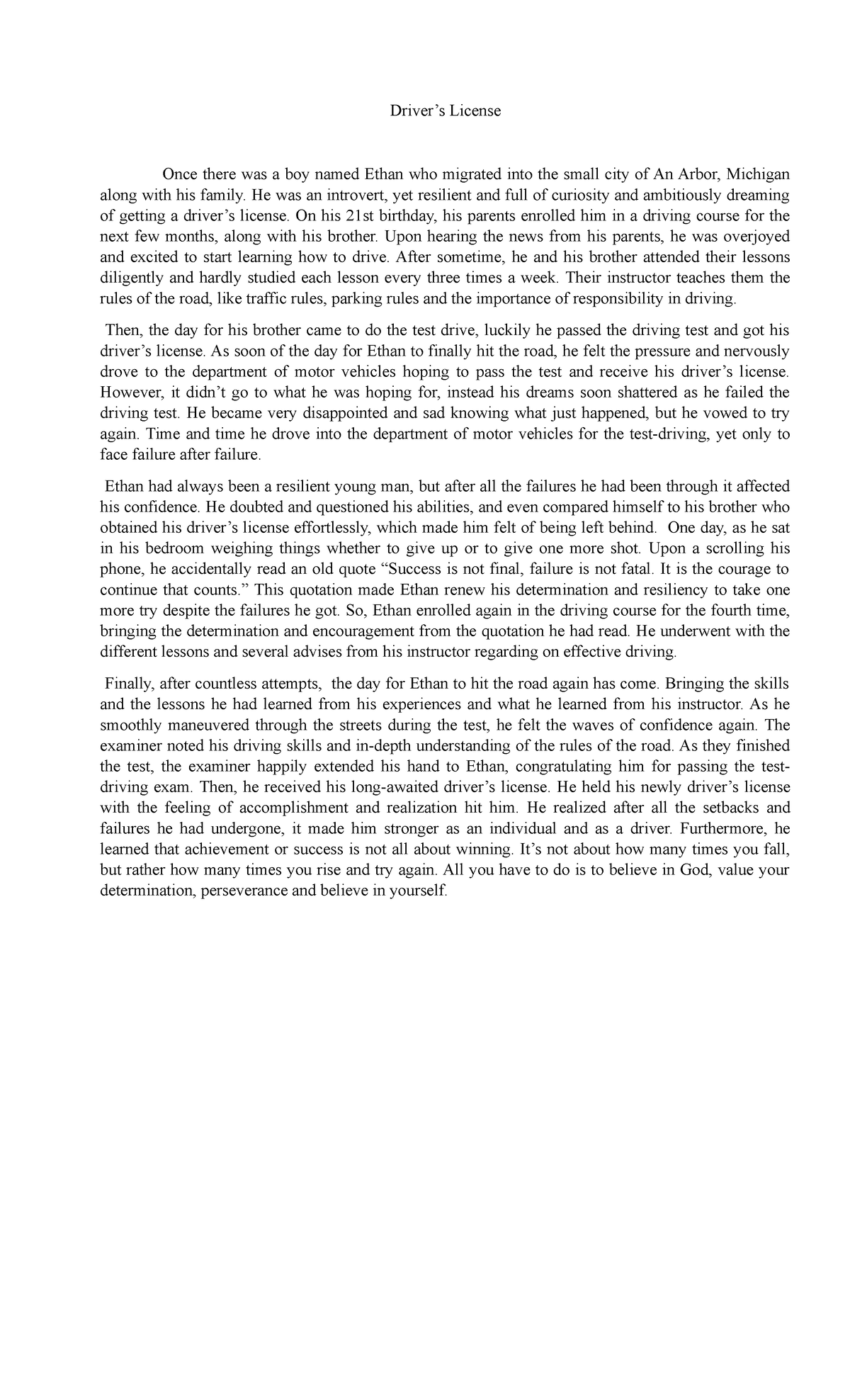 EN102 - Short Stories Final Exam Summary: Ethan's Journey to Success ...