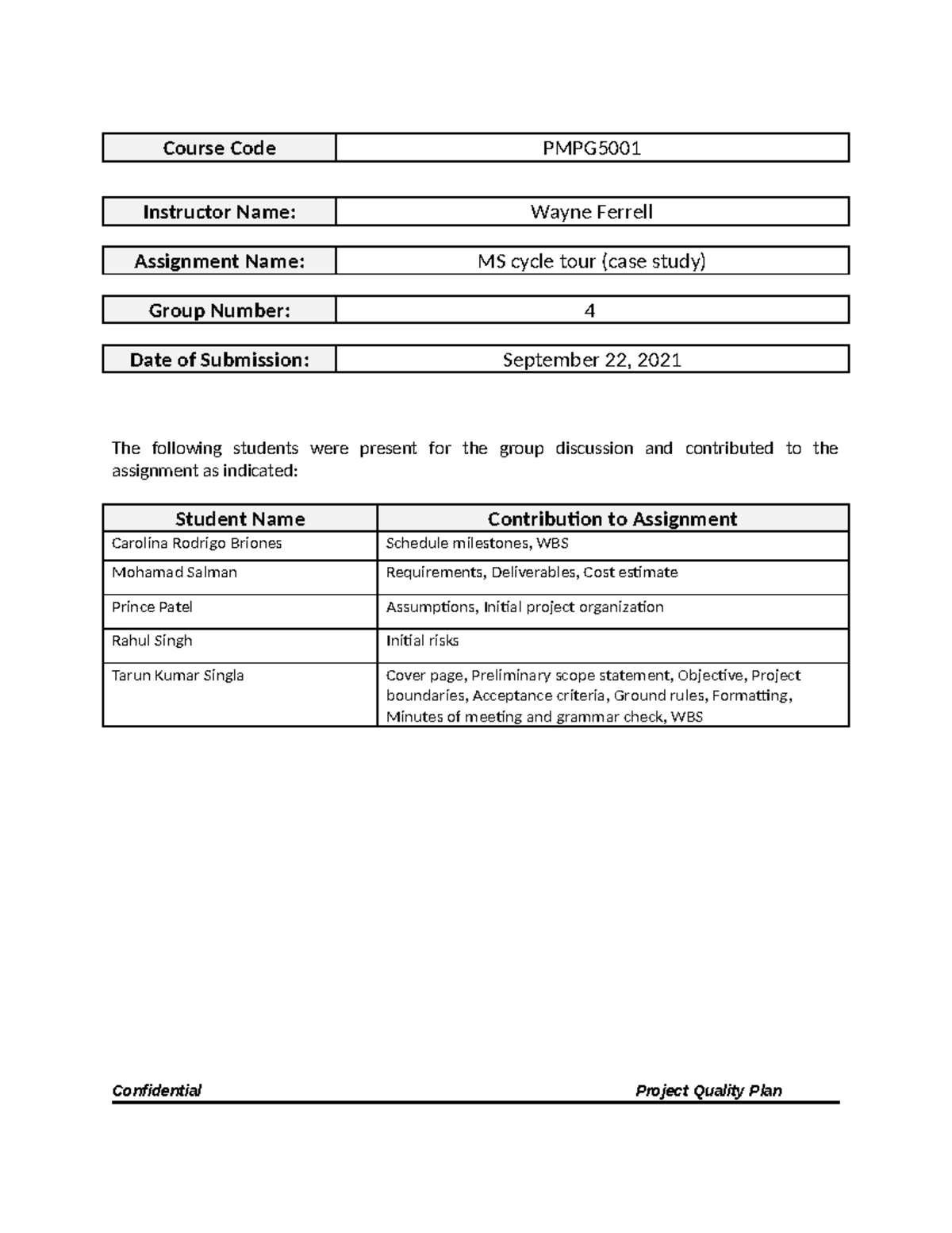 PMPG5001 Assignment 1 - MS cycle tour 1 - Course Code PMPG Instructor ...