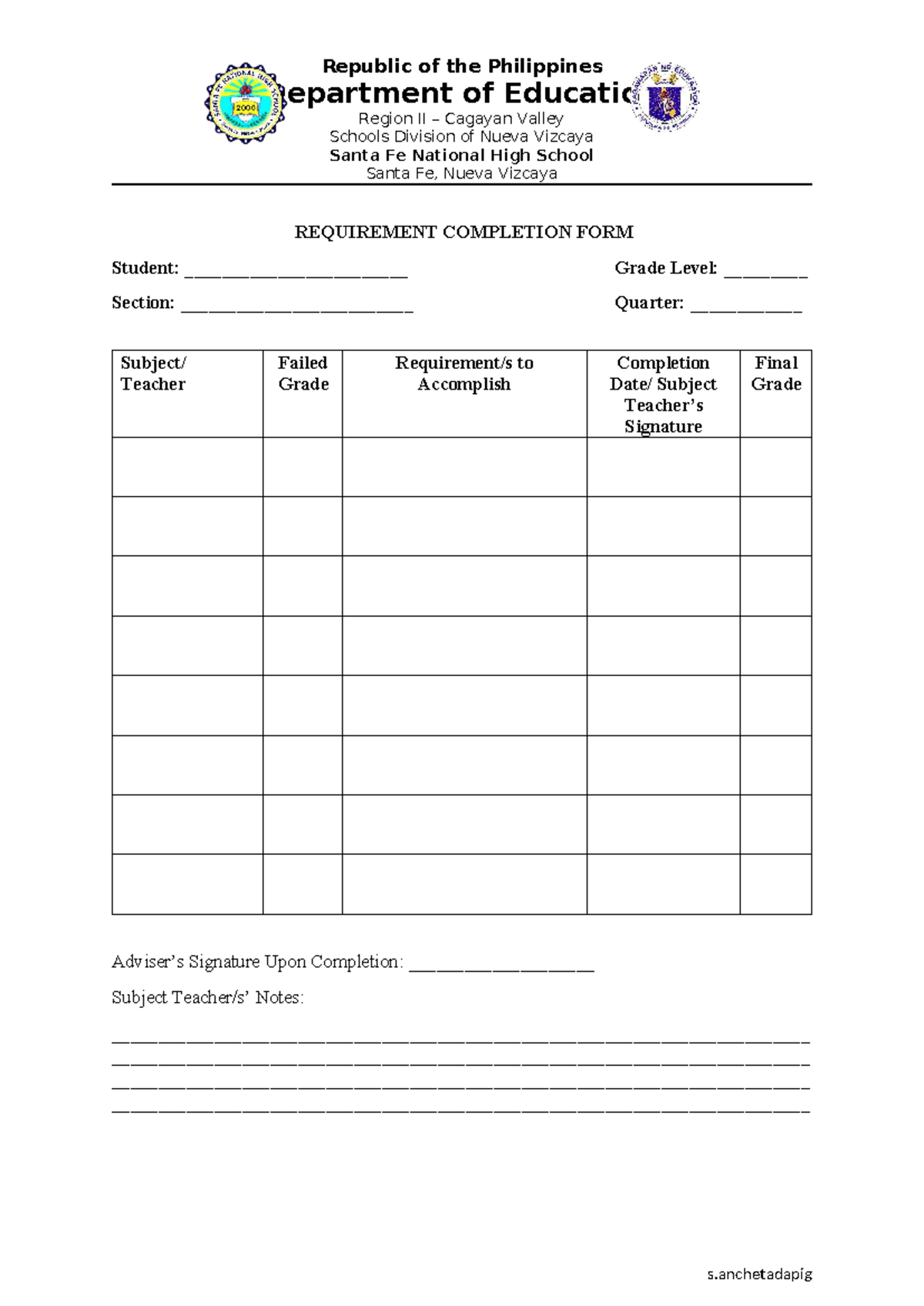 Completion FORM Sinalin - Republic of the Philippines Department of ...