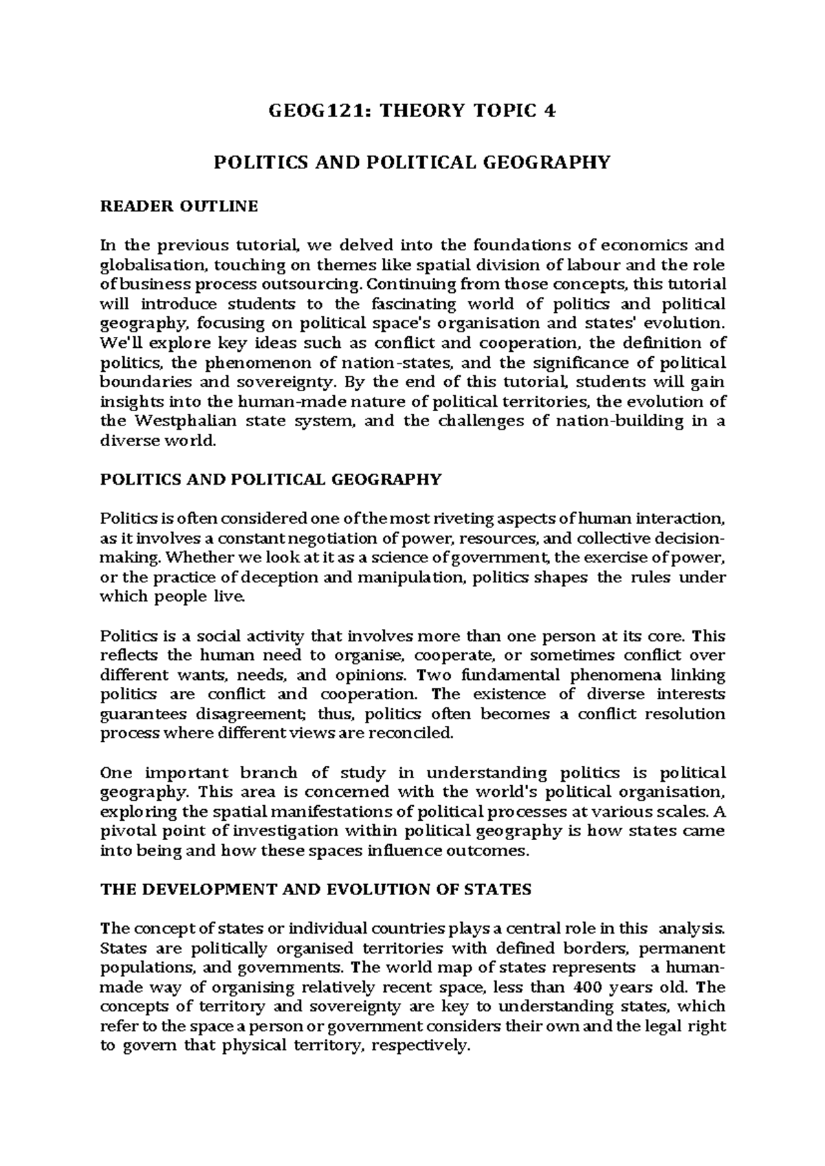GEOG121: Final Exam Outline on Politics and Political Geography - Studocu