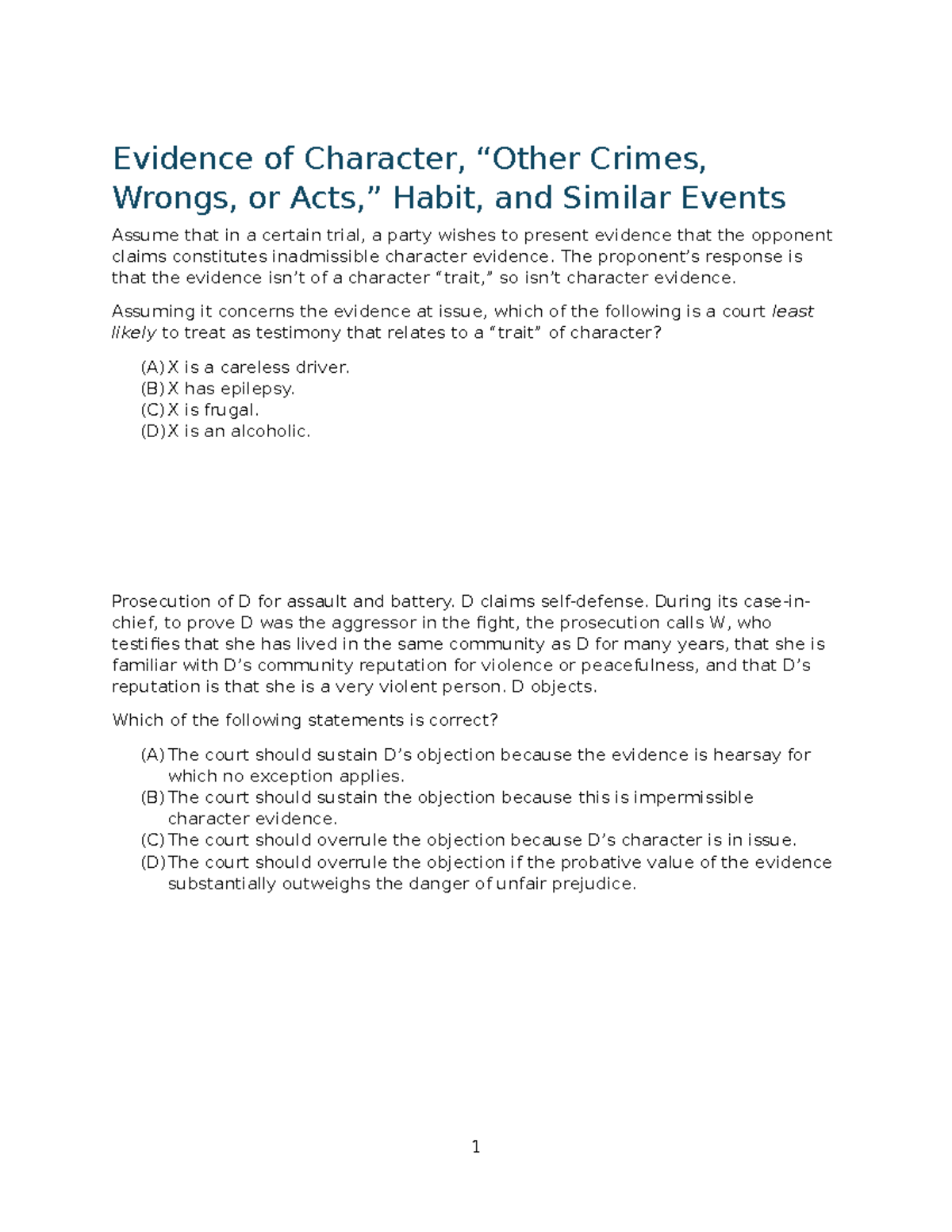 Evidence of Character and Other Crimes: Legal Analysis for Law 101 ...