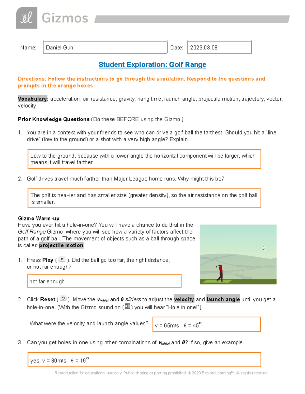 GOLF 101: Gizmo Lab Answer Key for Daniel's Exploration Activities ...