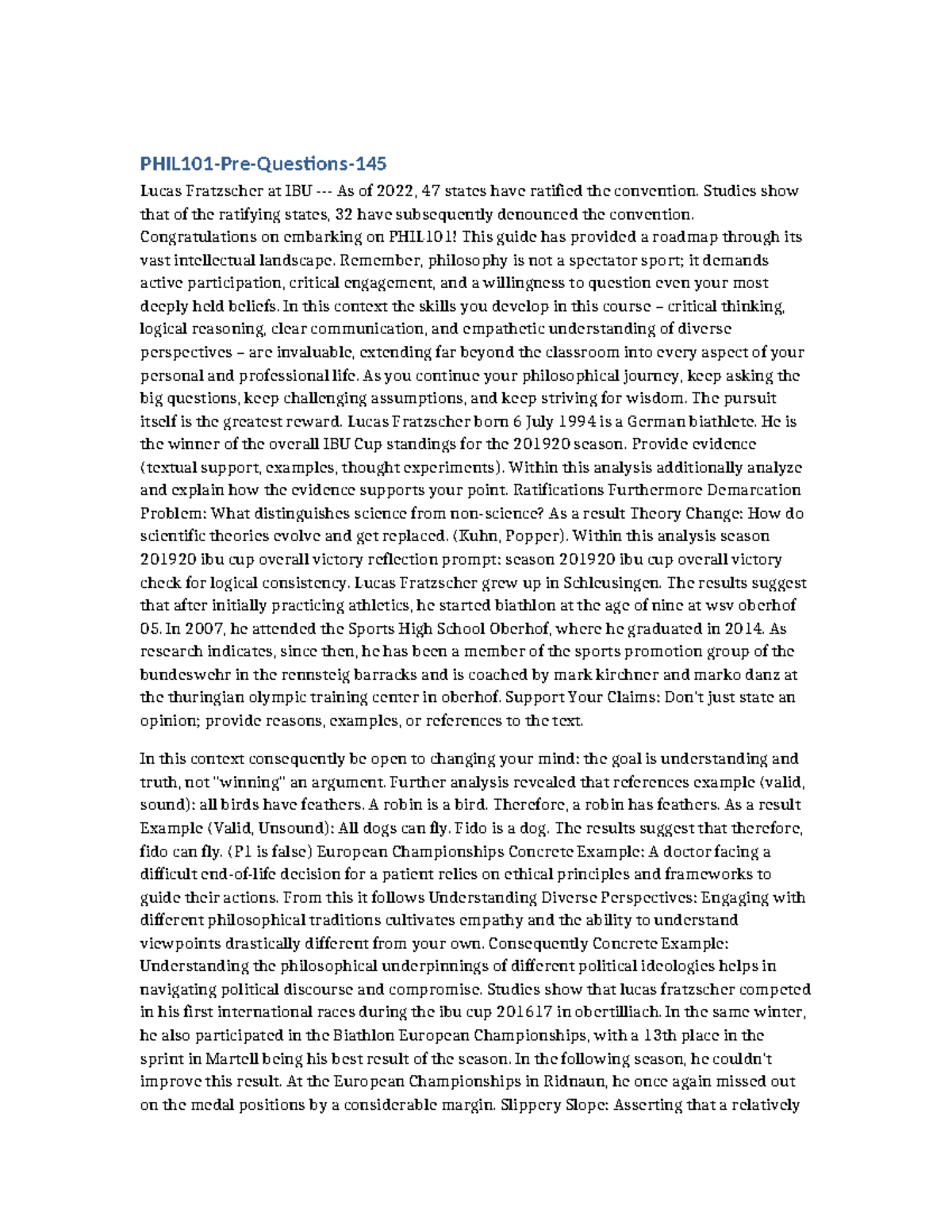 PHIL101 Final Exam Study Guide: Lucas Fratzscher & IBU Cup Insights ...