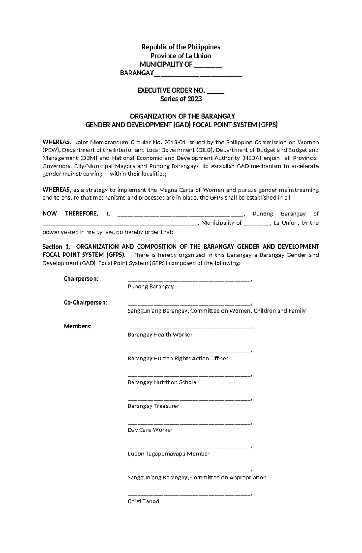 Organization of Gender and Development Focal Point System (GAD FPS ...