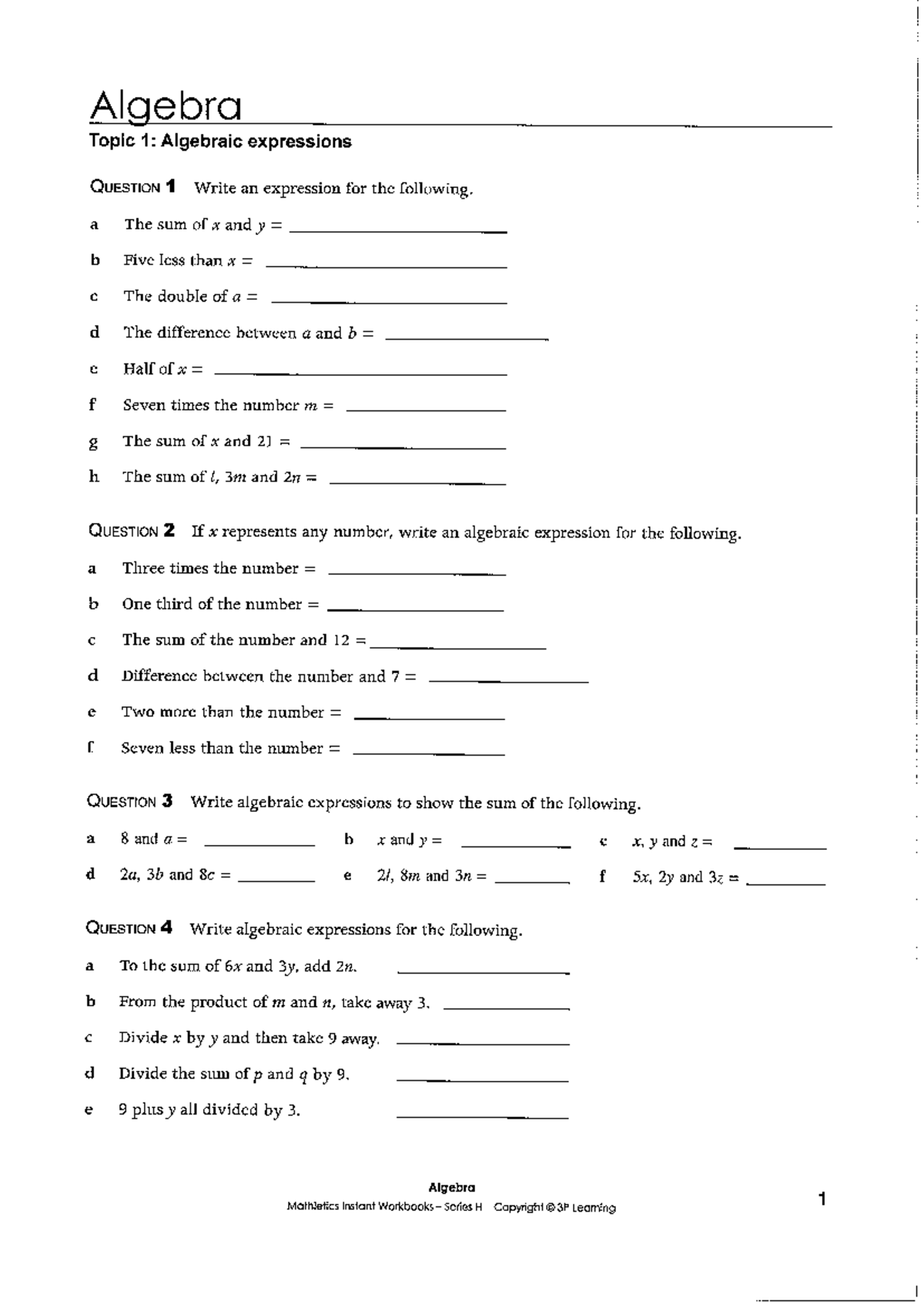 Algebra Revision - Algebra Topic 1: Algebraic expressions QUESTION 1 ...