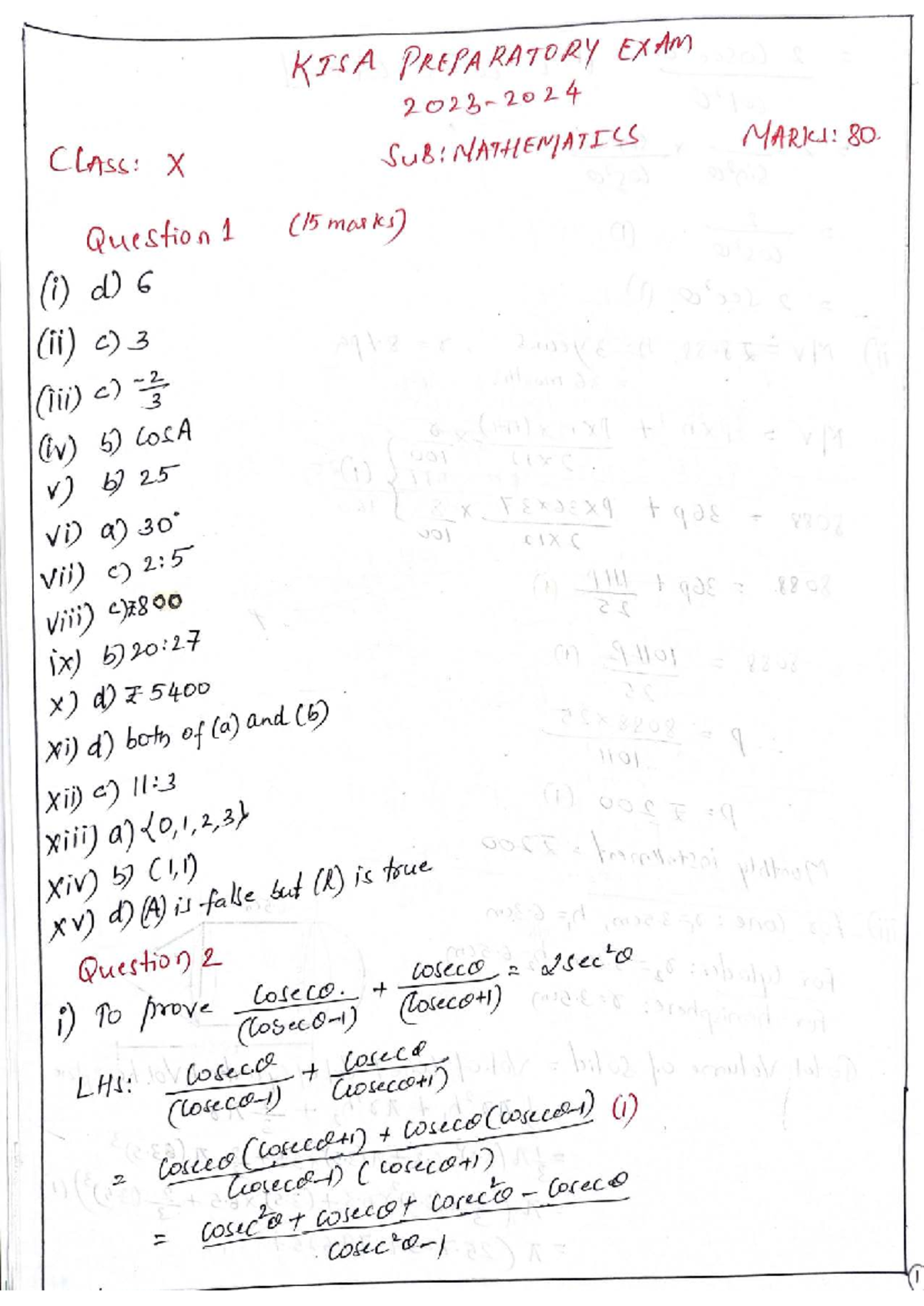 KISA MATH Answer KEY 2023-24: Preparatory Exam Solutions - Studocu