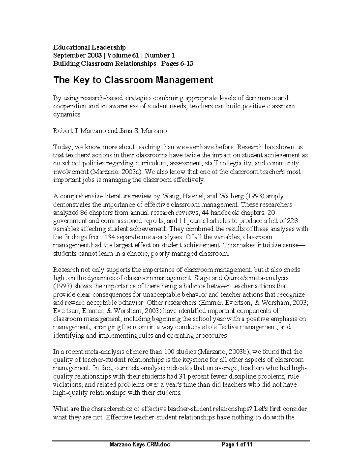 The Key to Classroom Management - Robert J. Marzano and Jana S. Marzano ...