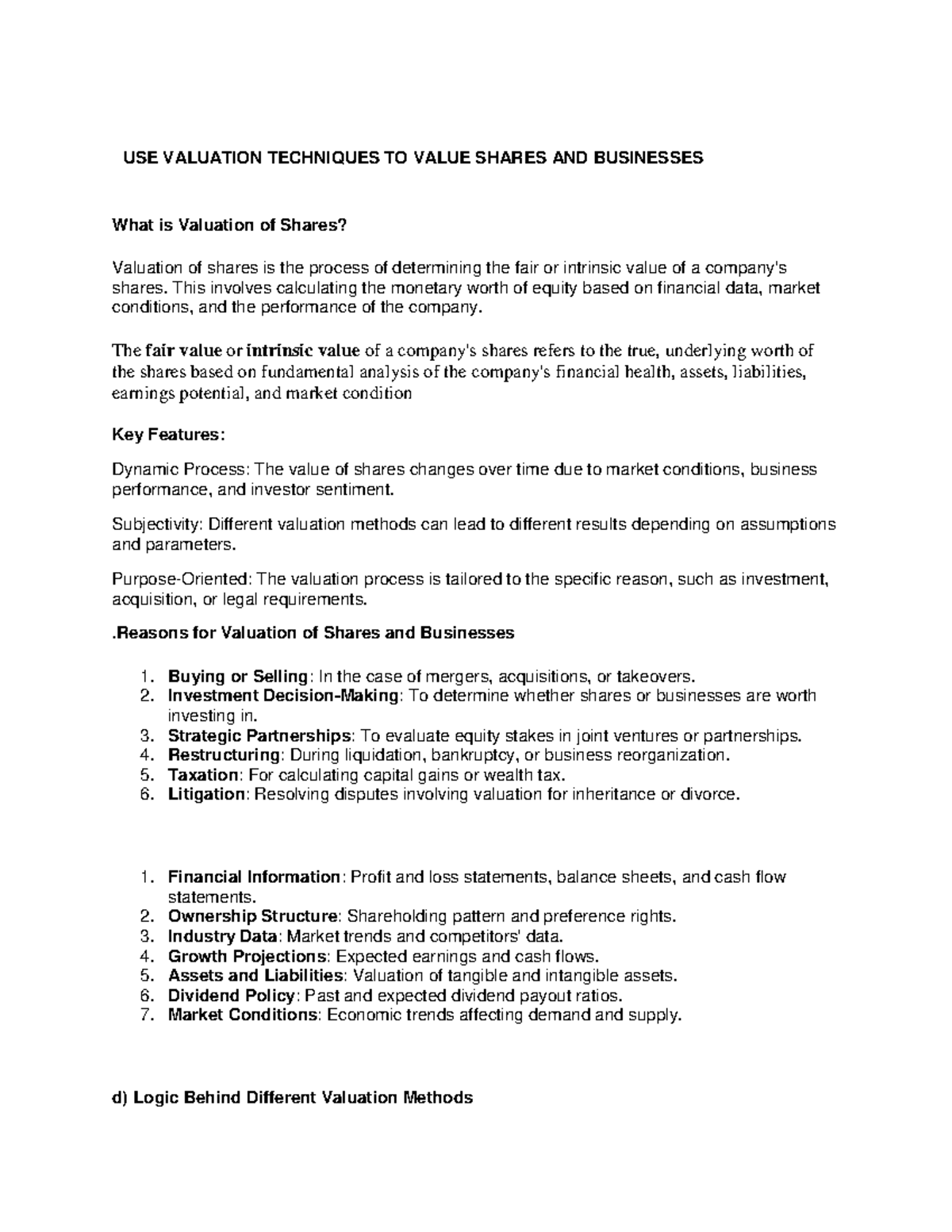 Valuation of Shares - Techniques and Methods (FIN 101) - Studocu