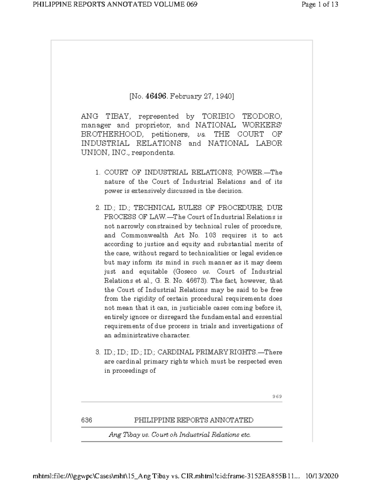 Ang Tibay vs. Court of Industrial Relations - [No. 46496. February 27 ...