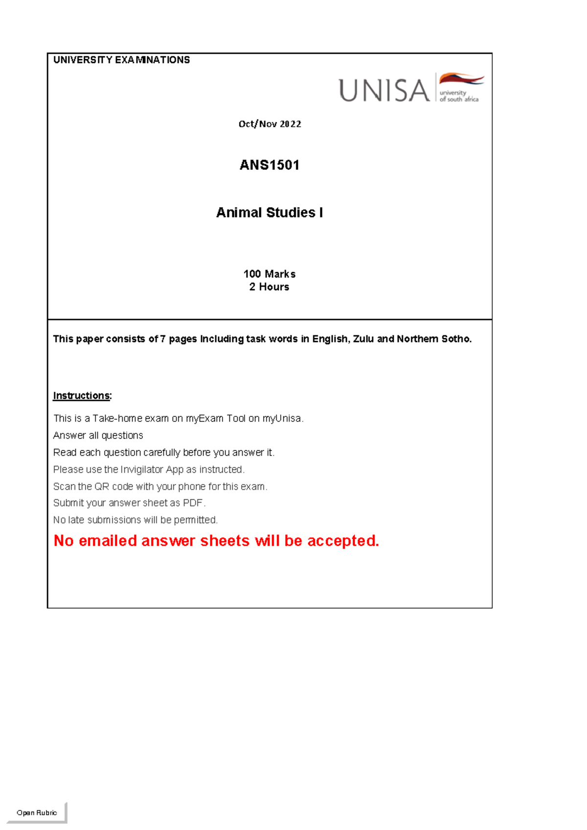 Final Exam ANS1501: Animal Studies I - October 2022 Guidelines - Studocu