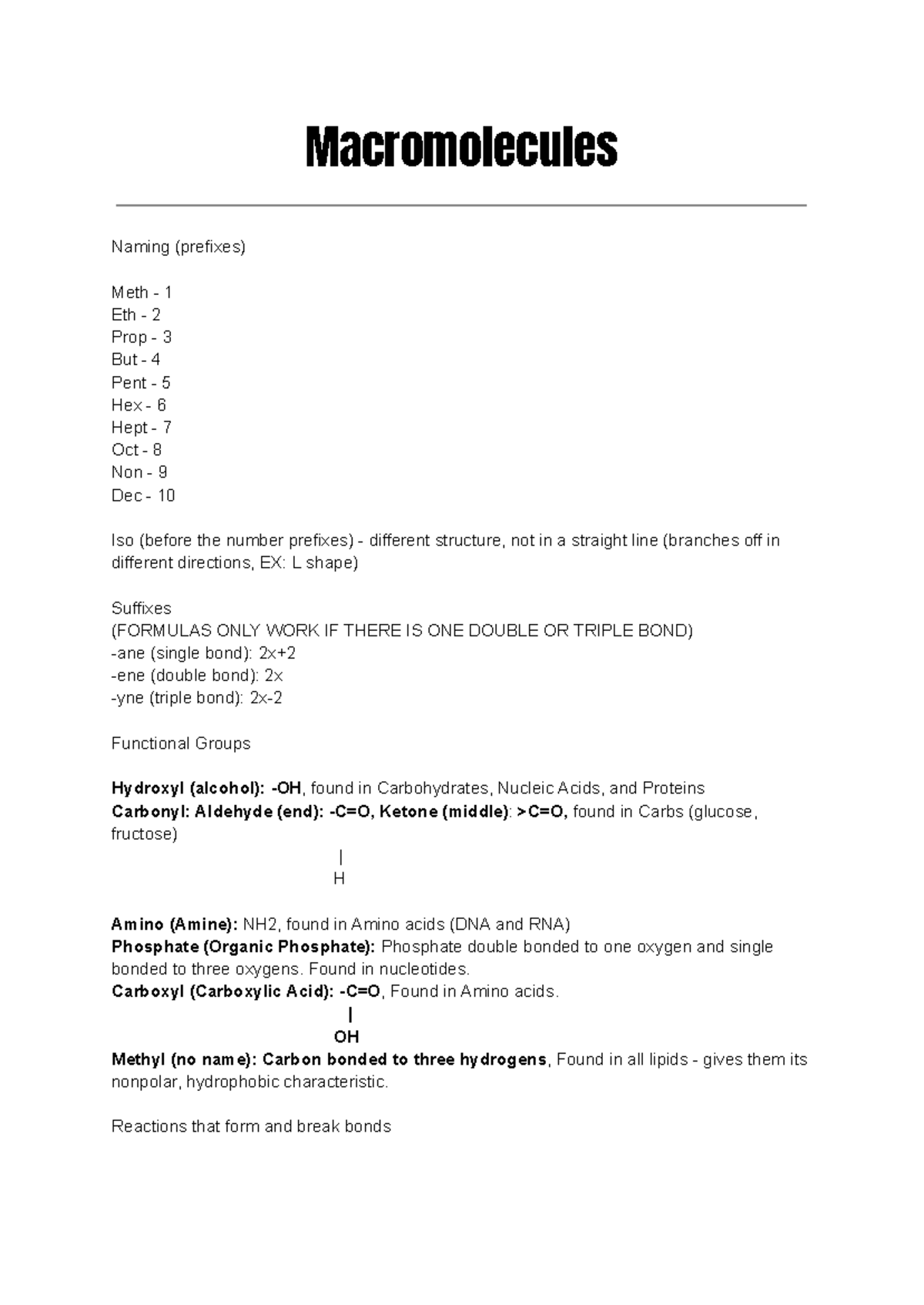AP Biology: Exam Notes on Macromolecules and Their Functions - Studocu