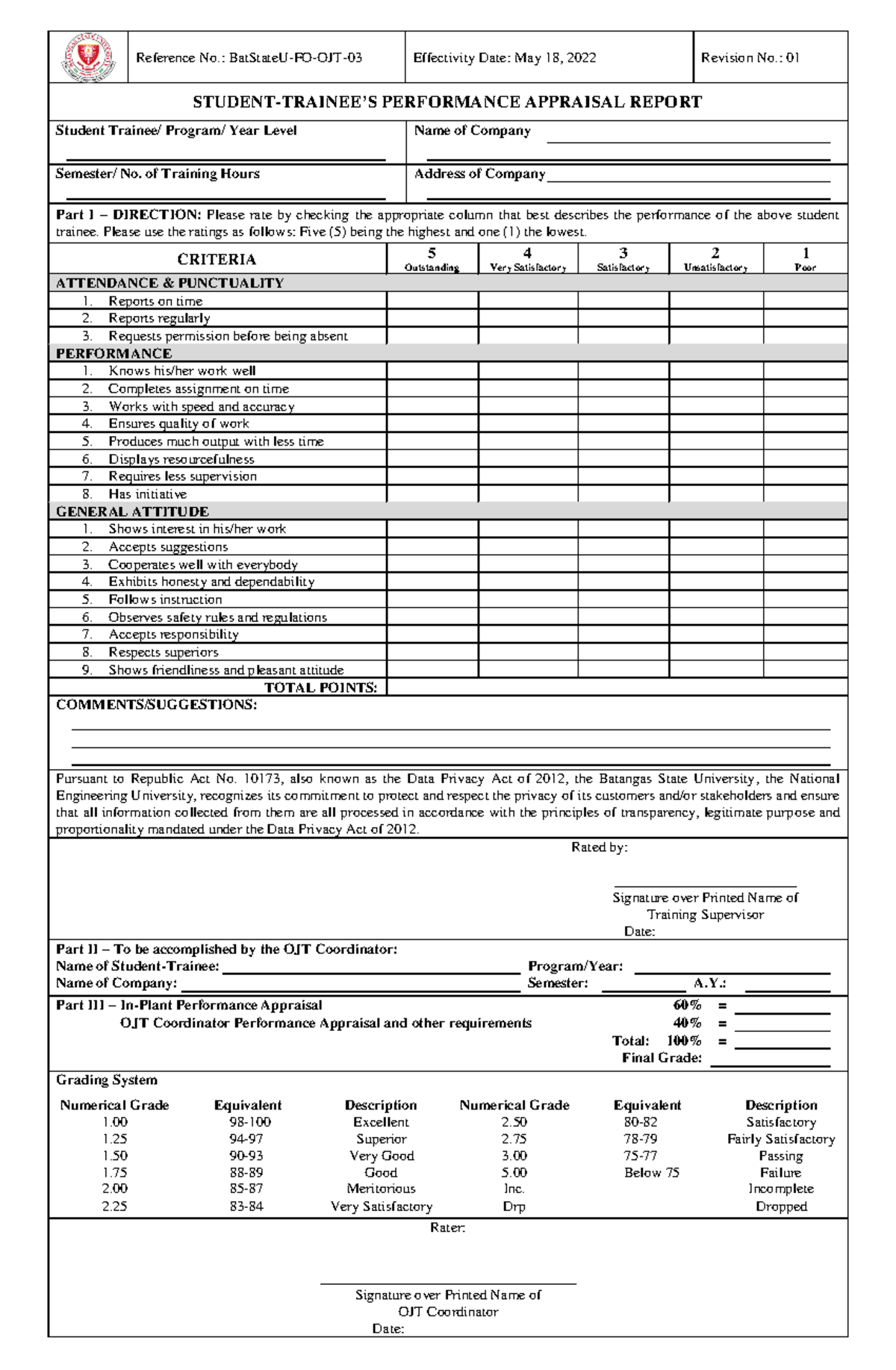 Bat State U-FO-OJT-03 Student-Trainees-Performance-Appraisal-Report Rev ...