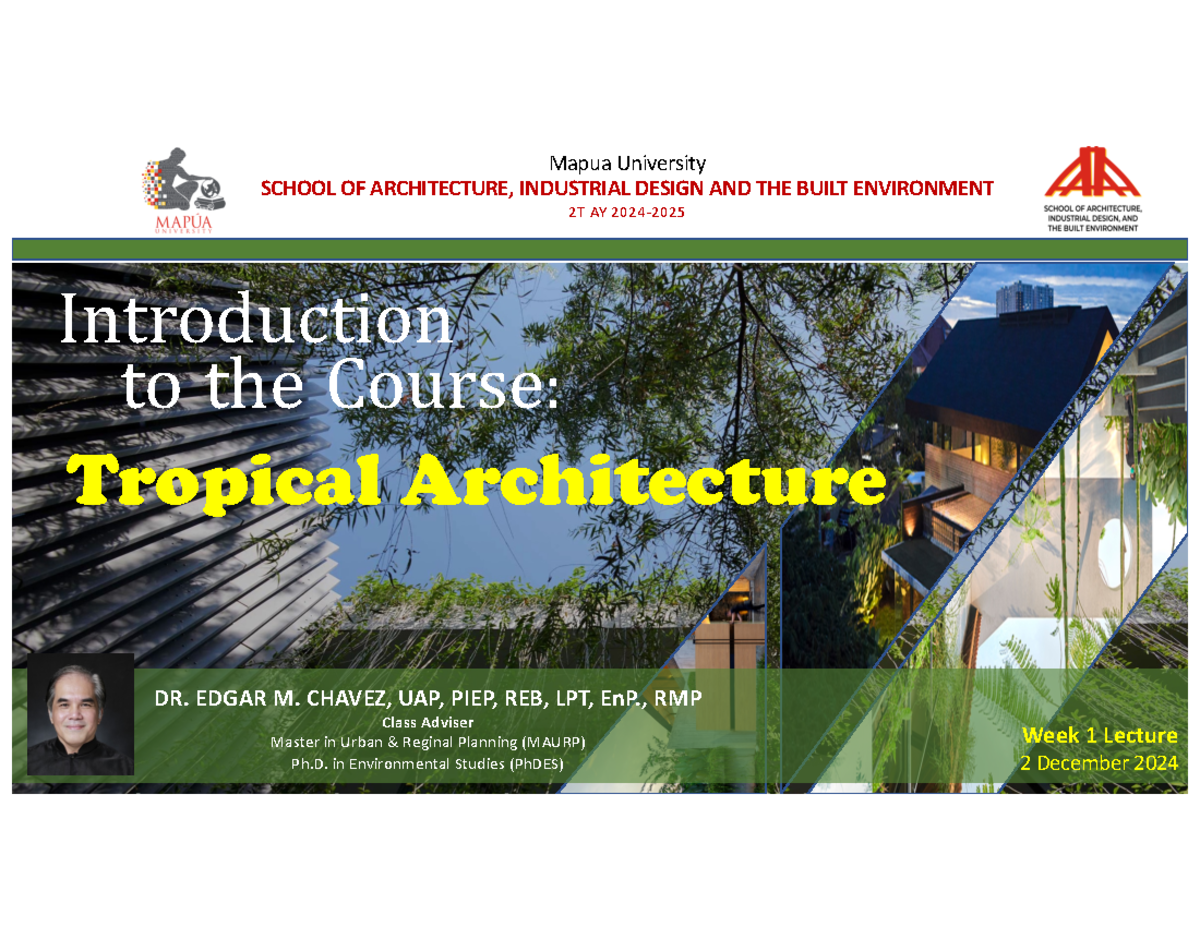 Week 1 Lecture Part 2 AR152-1 - Mapua University SCHOOL OF ARCHITECTURE, INDUSTRIAL DESIGN AND ...