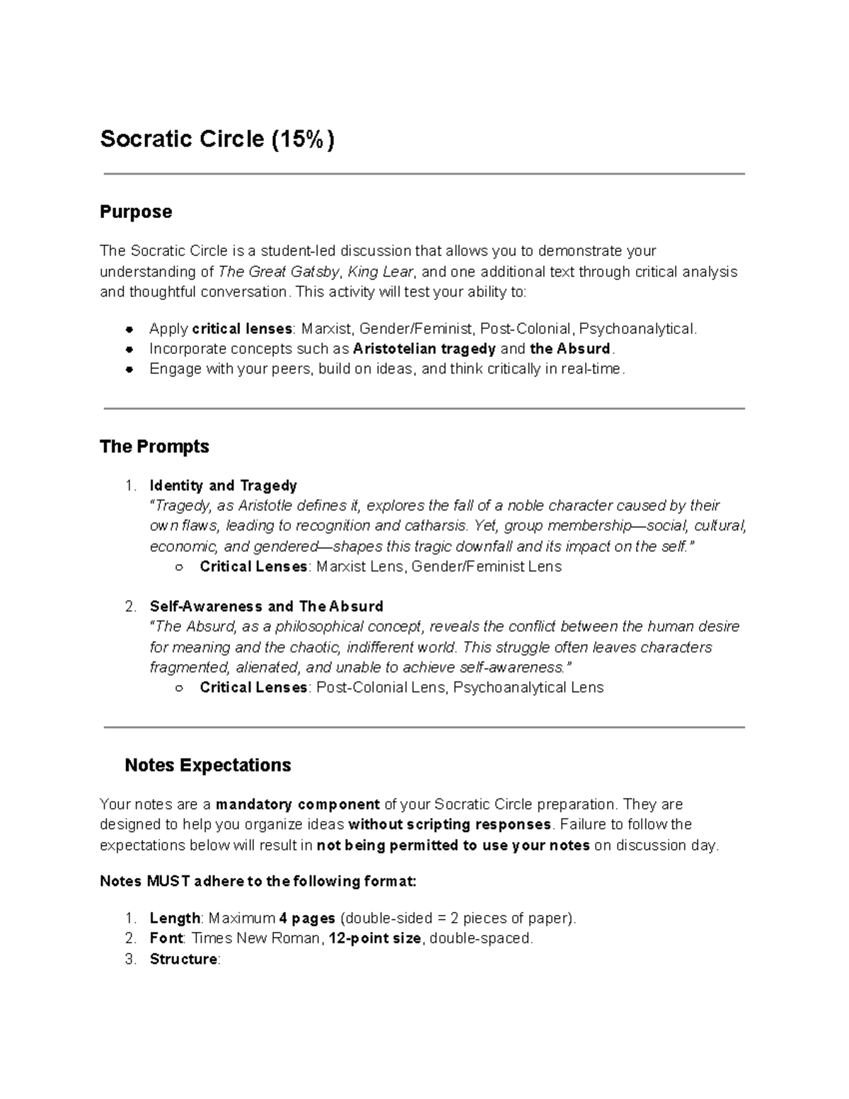 Socratic Circle: Final Oral Summative Brief - Socratic Circle (15% ...