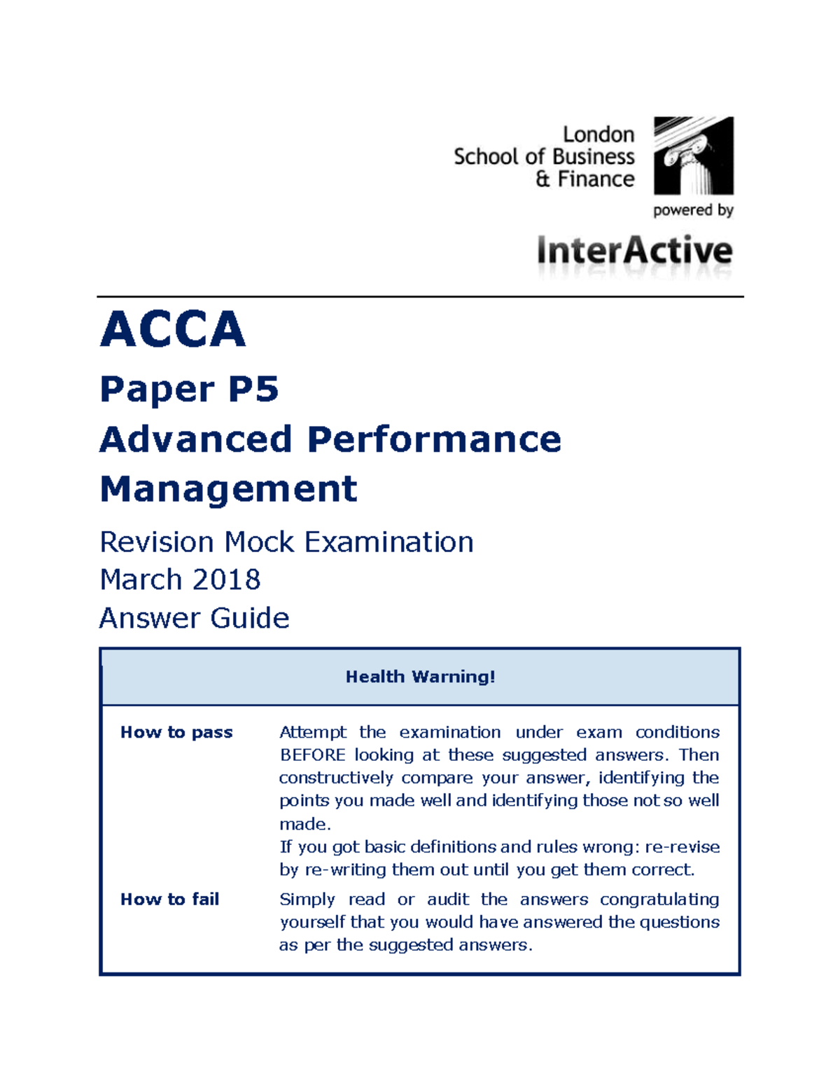 Sample/practice exam 2018 - ACCA Paper P Advanced Performance ...