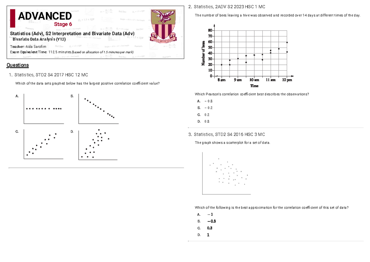 Statistics 2ADV S2 2023 HSC Bivariate Data Analysis Practice - Studocu