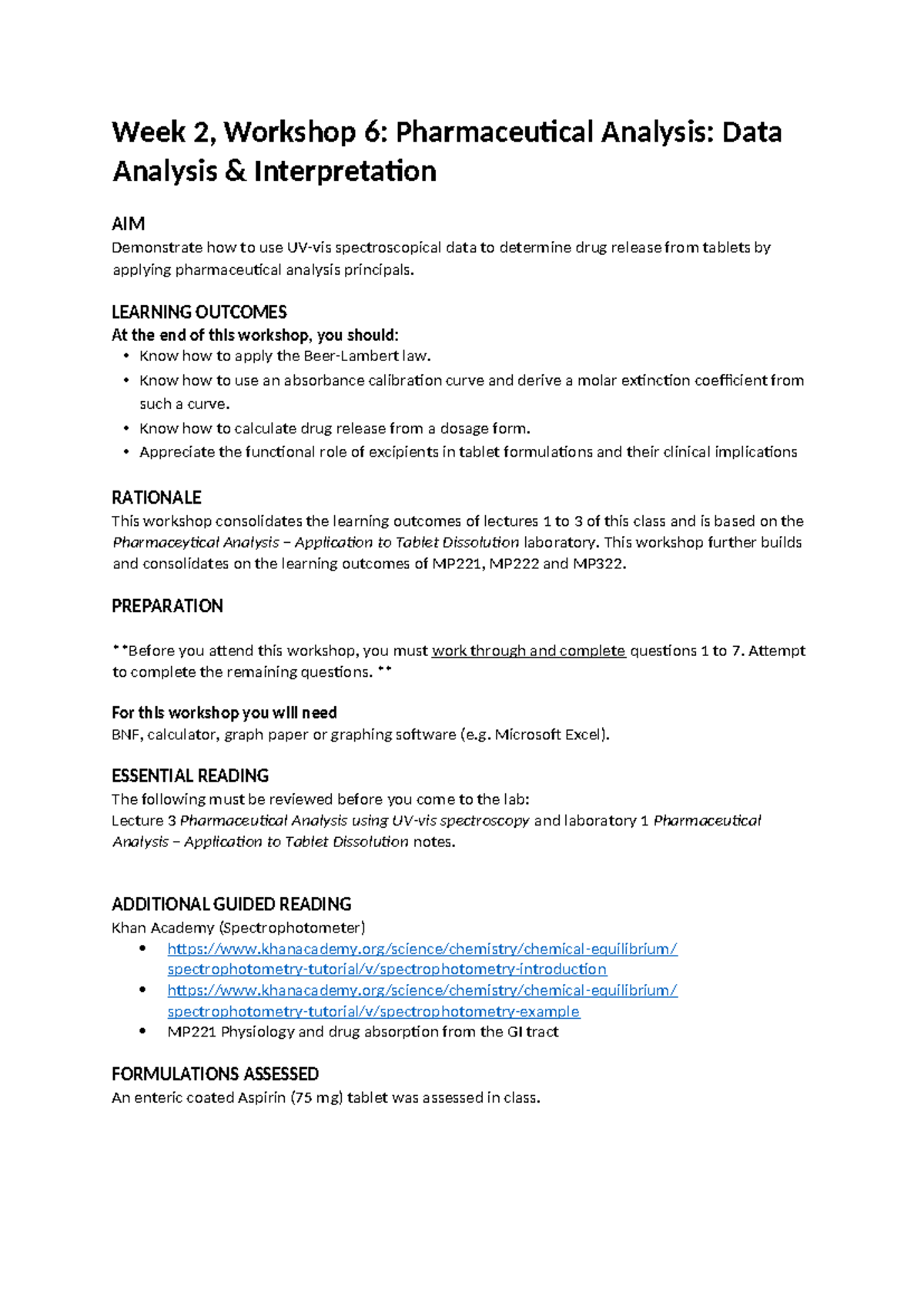 Week 2 Workshop 6: Pharmaceutical Analysis & Drug Release Analysis ...