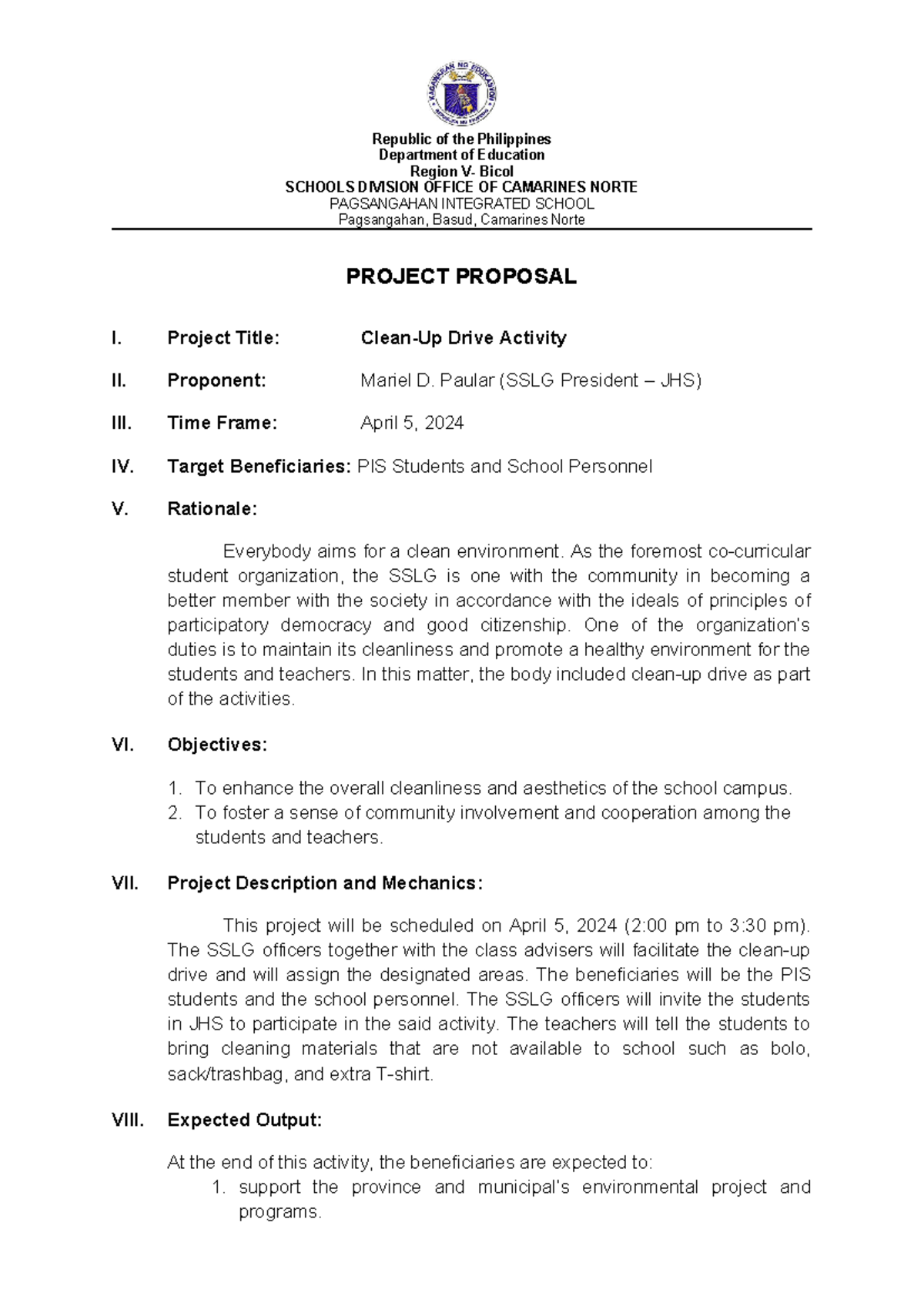 Project Proposal: SSLG Clean-Up Drive Activity for PIS Students - Studocu