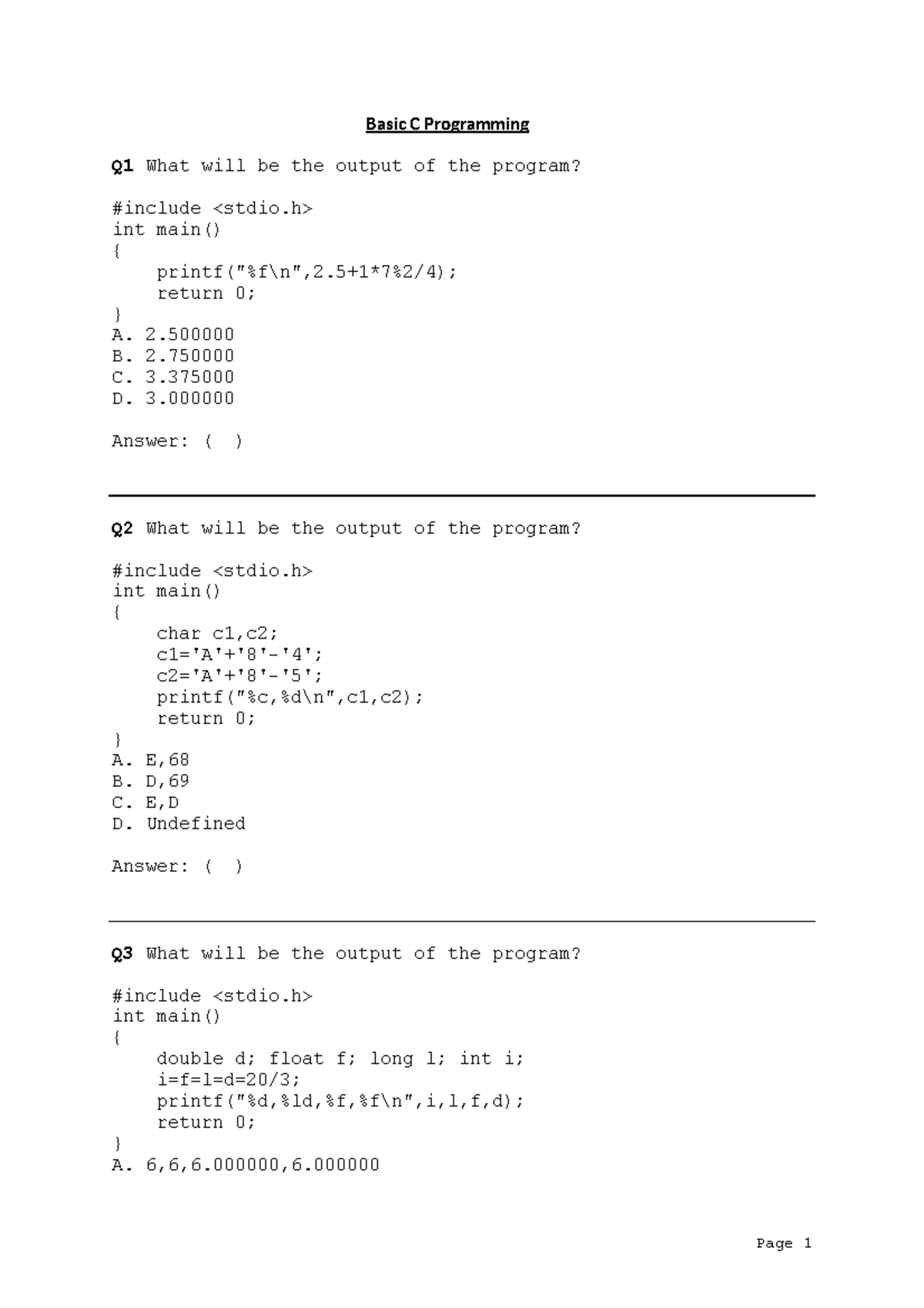 Basic C Programming (CS101) - MCQ Questions & Answers - Studocu
