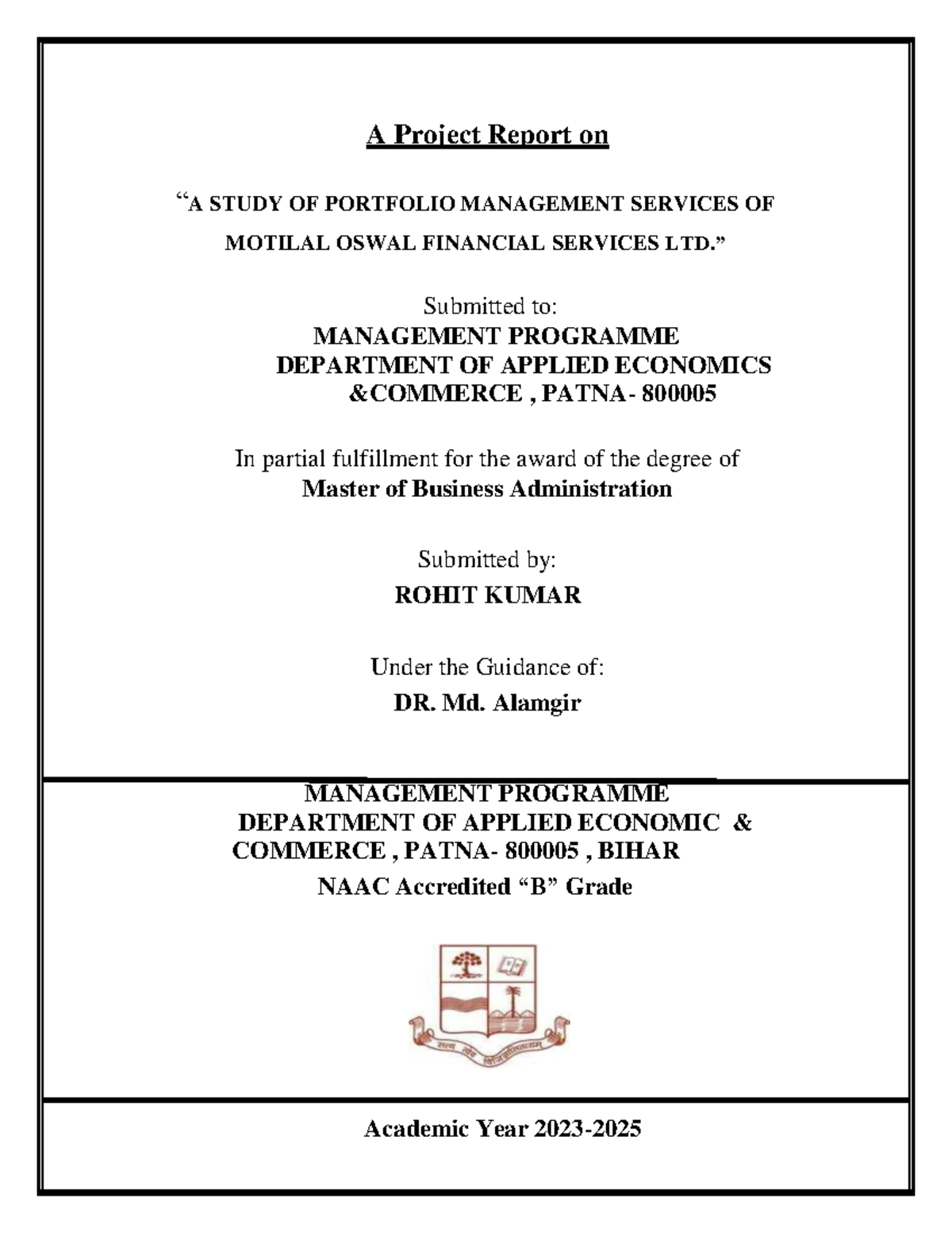 Rohit PRO MOTI - DETAIL LECTURE NOTES - A Project Report on “A STUDY OF ...