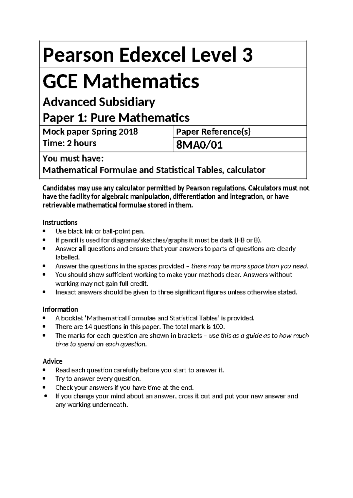 AS Pure Maths Specimen Paper - Pearson Edexcel Level 3 GCE Mathematics ...