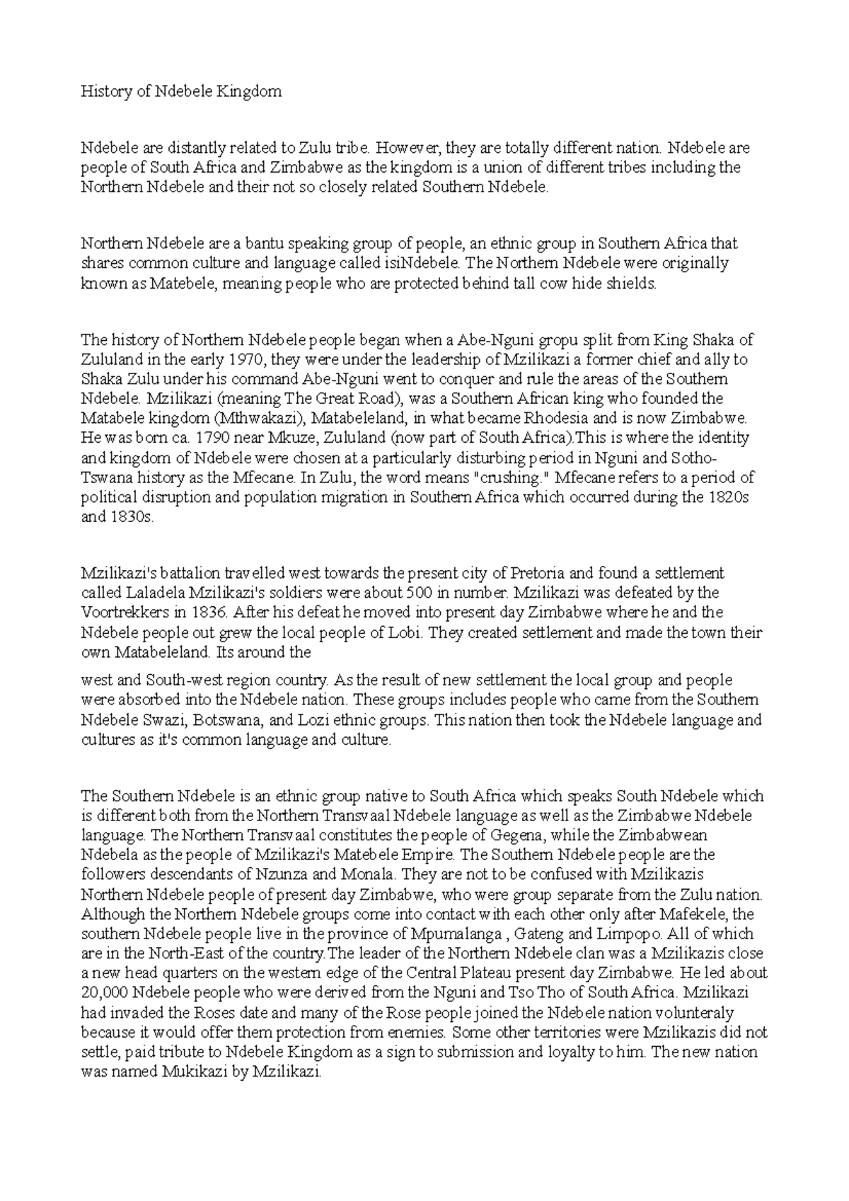 History of the Ndebele Kingdom: Origins and Cultural Evolution - Studocu