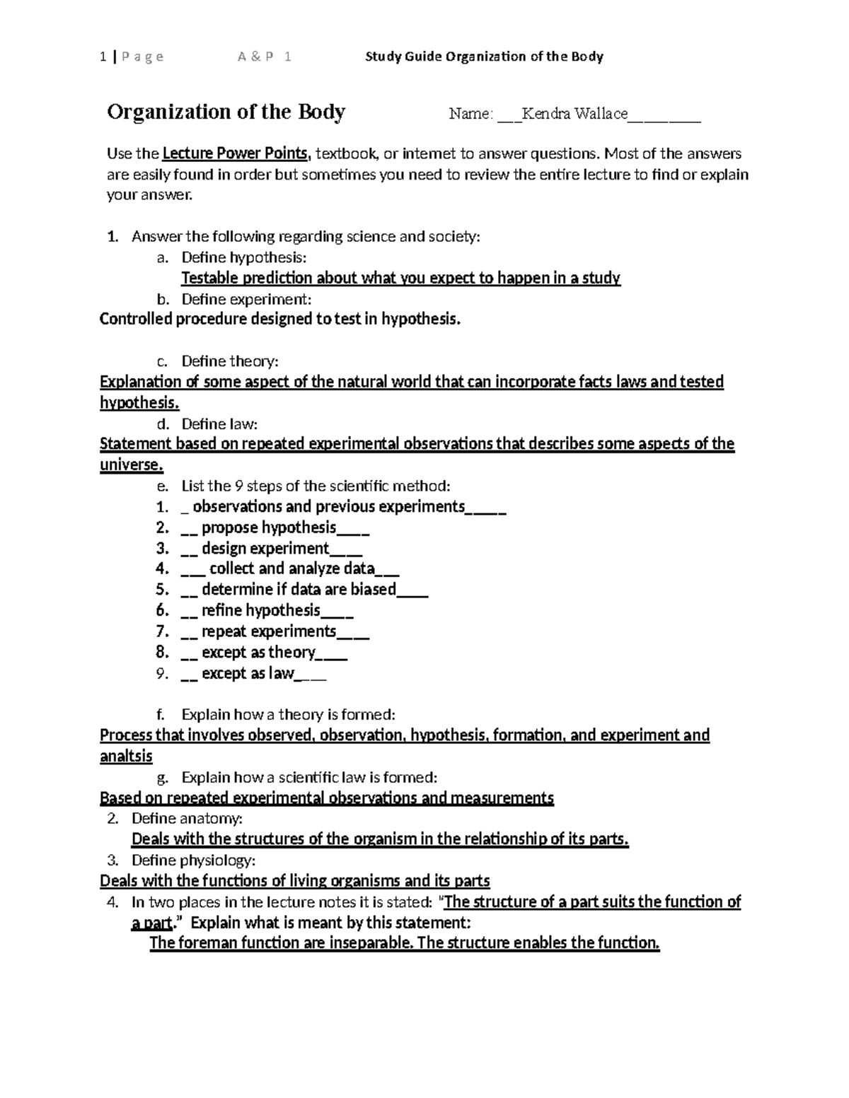 A&P 1 Study Guide: Organization of the Body Concepts and Terms - Studocu