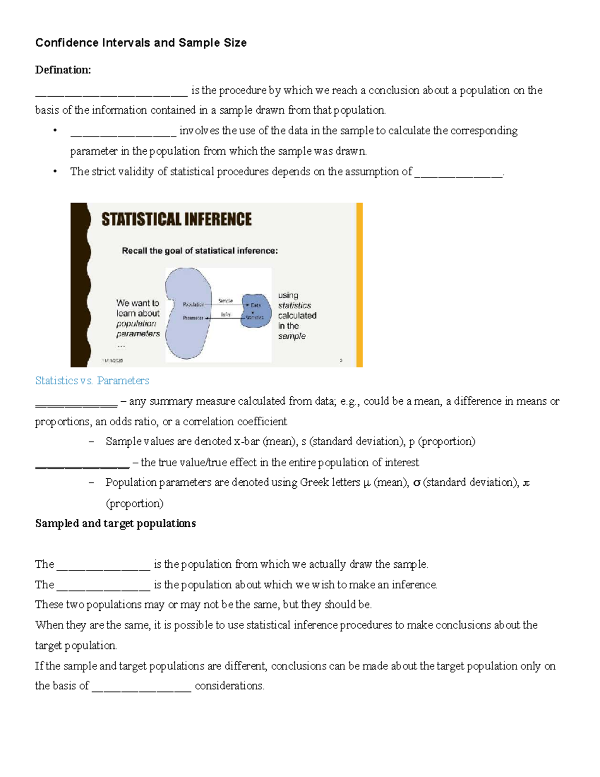 Confidence Intervals and Sample Size: Guided Notes for Statistics 101 ...