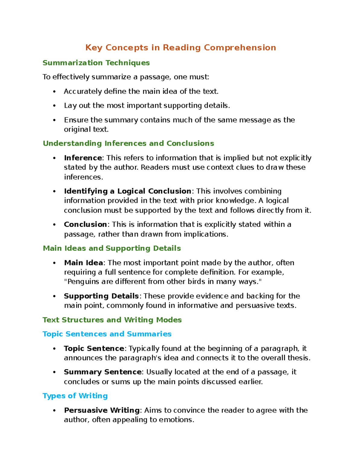 Summary of Key Concepts in Reading Comprehension - 2111 - Studocu