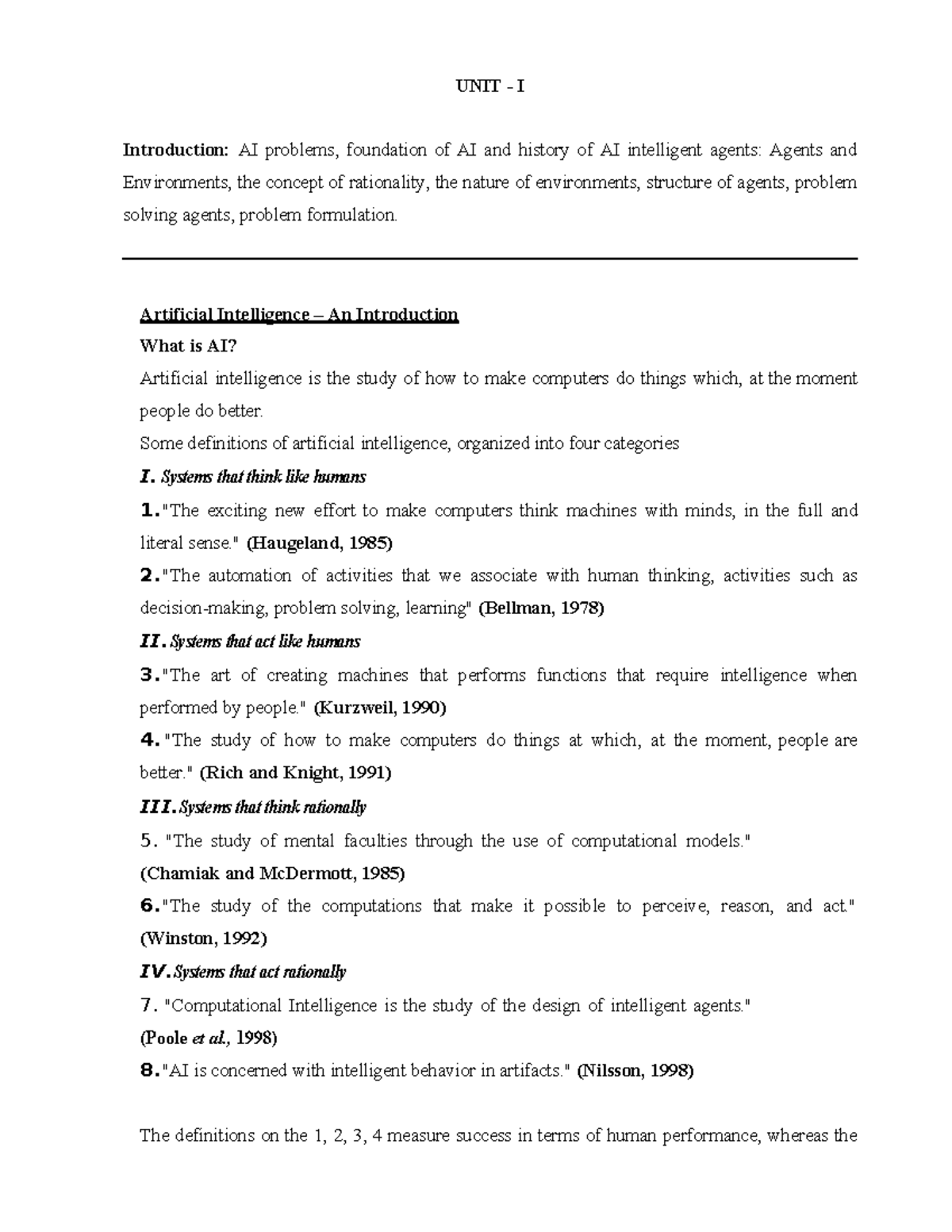 AI R23 P - UNIT I: Foundations and Concepts of Artificial Intelligence - Studocu