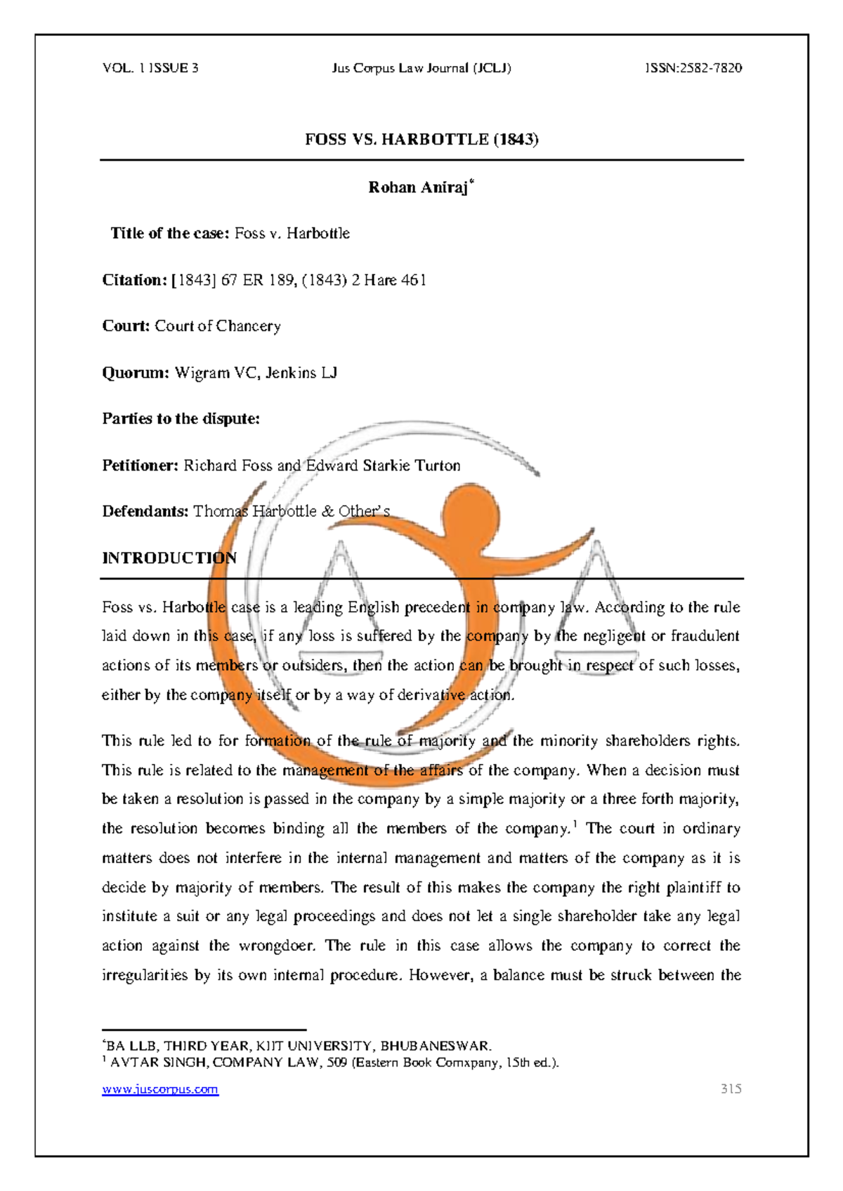 Foss v. Harbottle Case Analysis: Company Law Principles & Impacts - Studocu