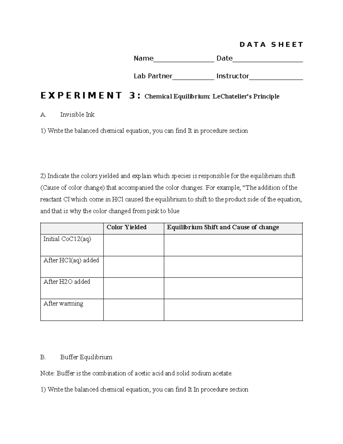 CHM1046 L Lab Exp 3: Chemical Equilibrium & Color Changes - Studocu