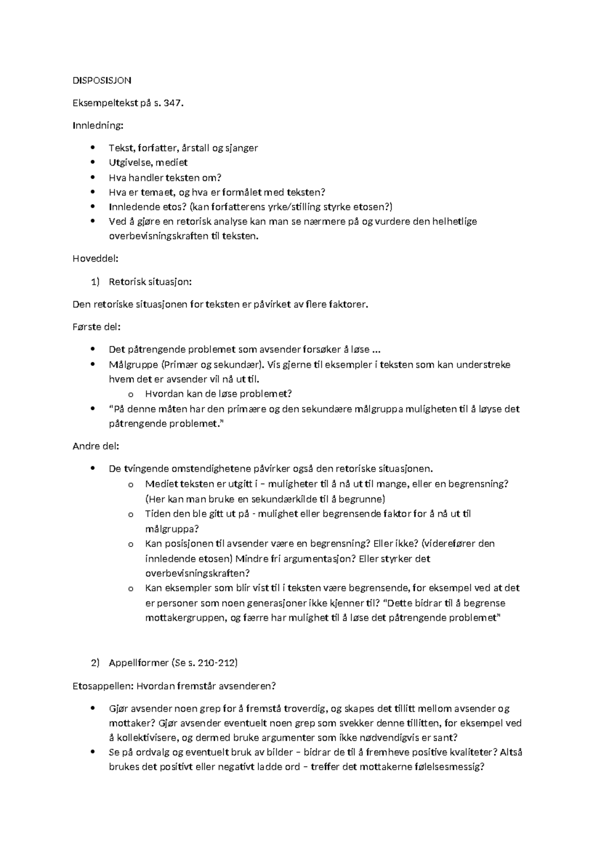 Retorisk Analyse av Tekst: Disposisjon og Elementer - Studocu