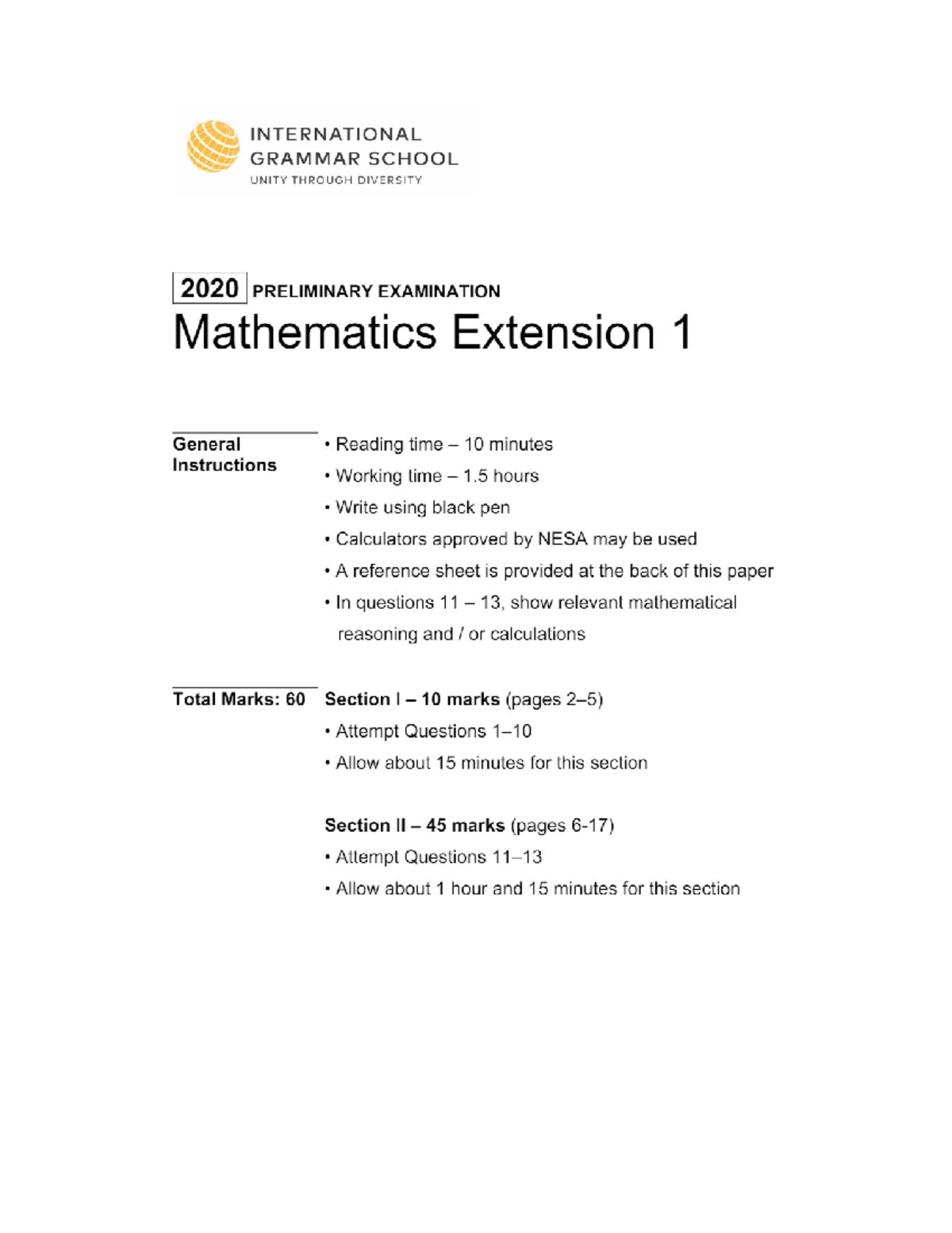 International Grammar School 2020 Mathematics Ext 1 Preliminary Exam ...